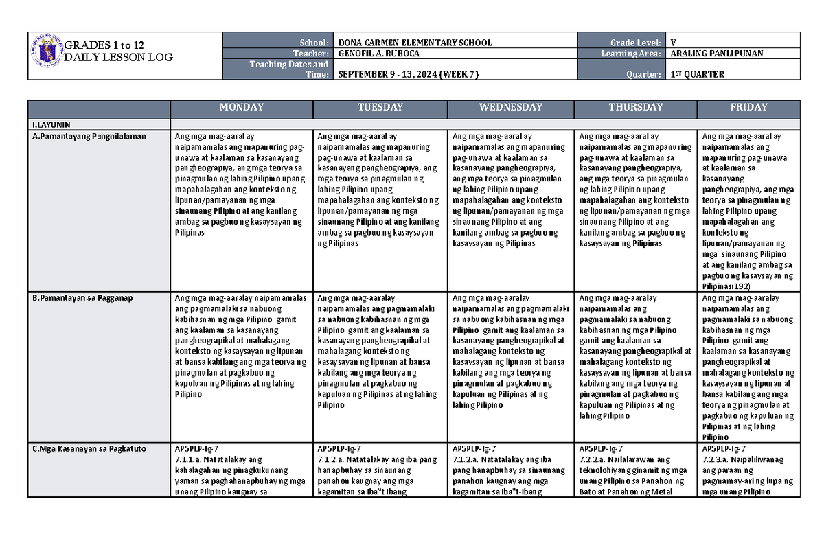 DLL Araling Panlipunan 5 Q1 W7 - GRADES 1 to 12 DAILY LESSON LOG School: DONA CARMEN ELEMENTARY ...