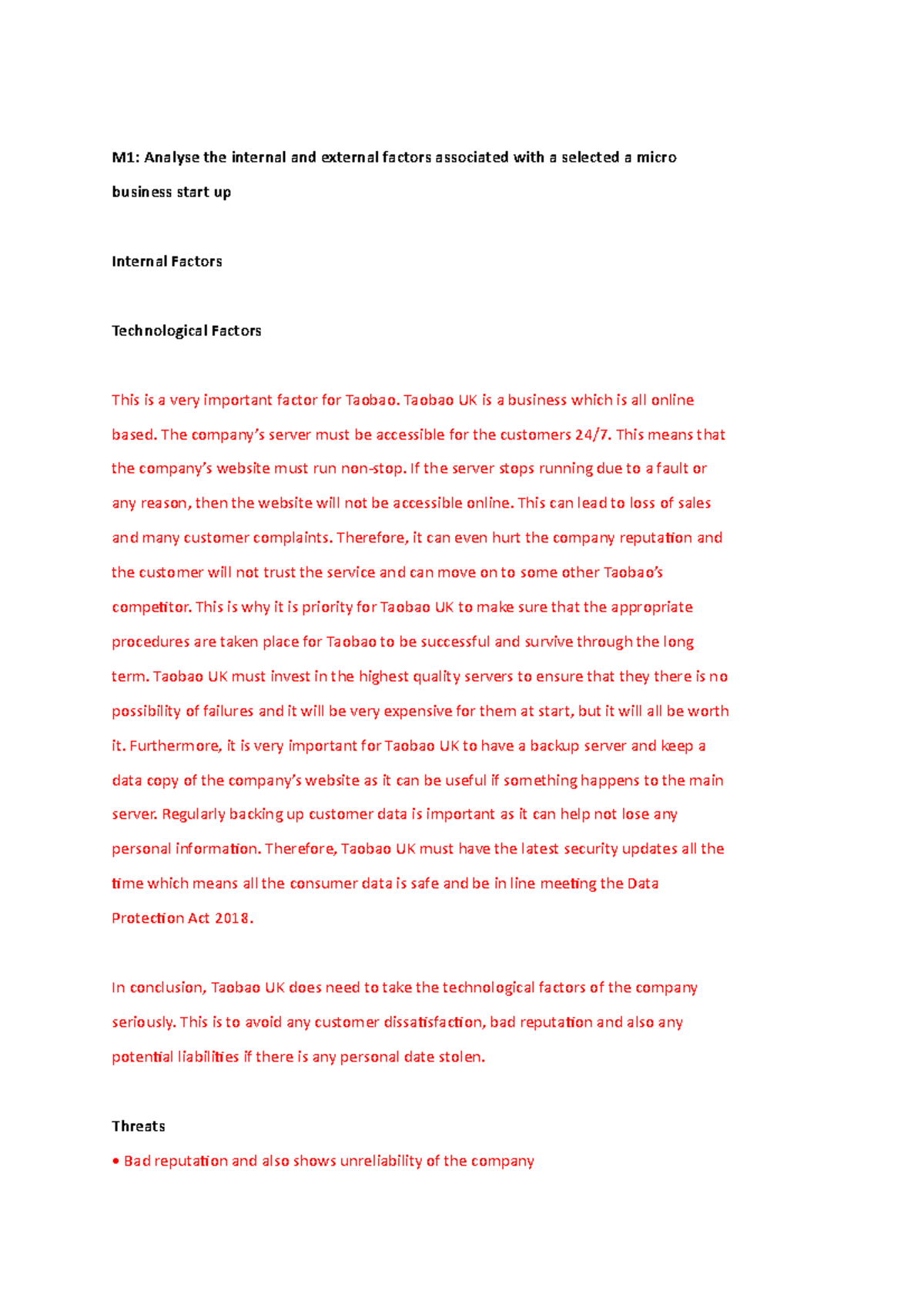 M1 practice example and guidance - M1: Analyse the internal and ...