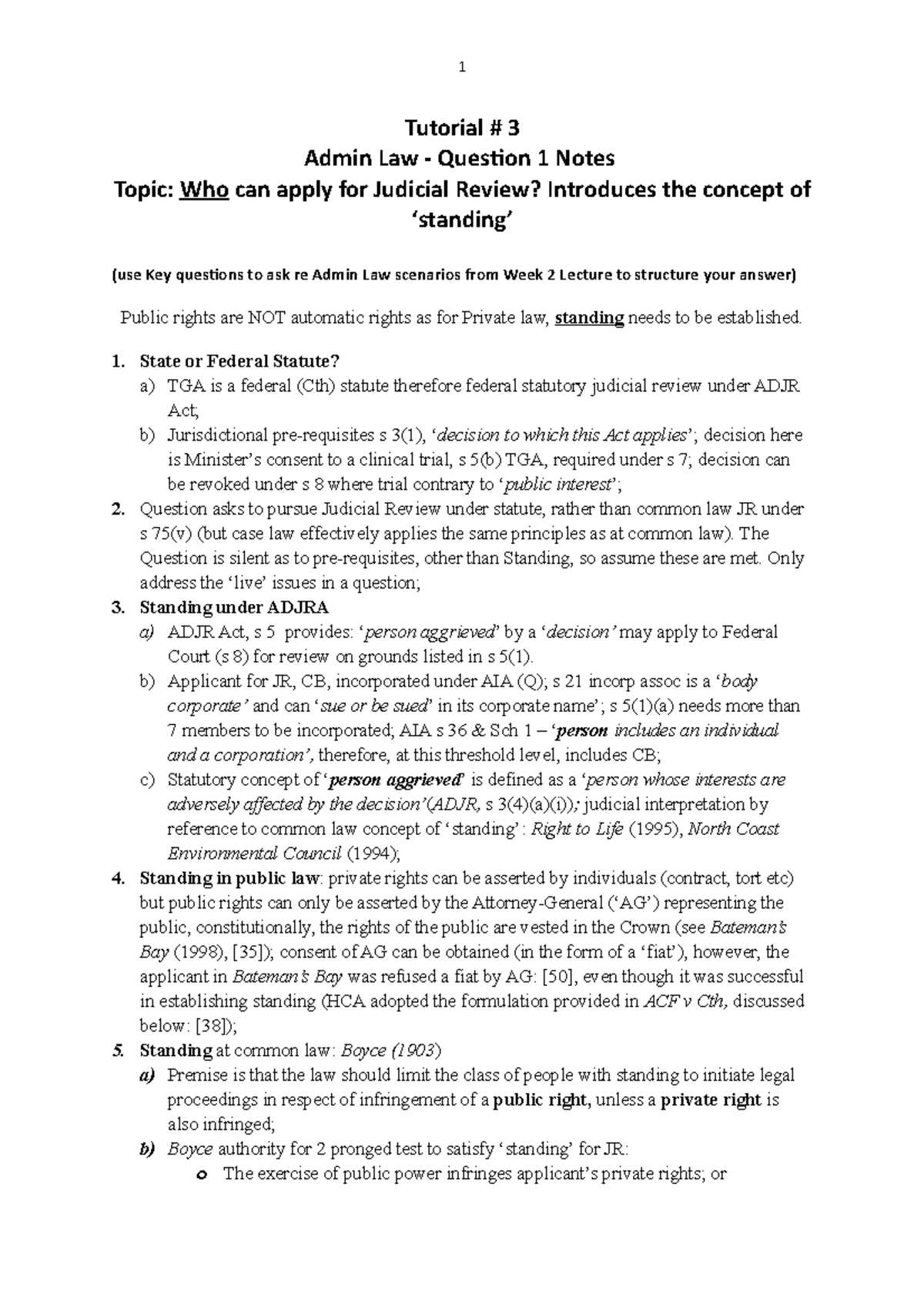 Week 5 Tutorial Notes Q1 - Tutorial # 3 Admin Law - Question 1 Notes ...
