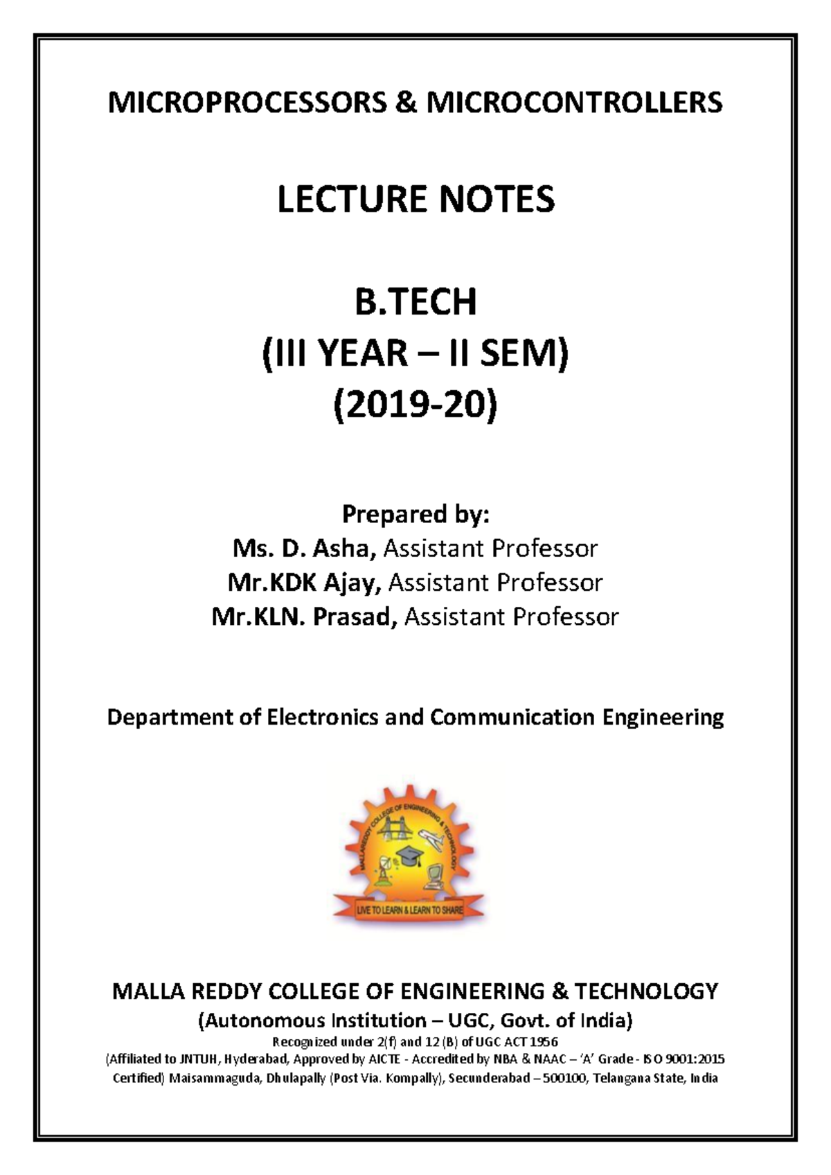Mpmc digtal notes - MICROPROCESSORS & MICROCONTROLLERS LECTURE NOTES B ...