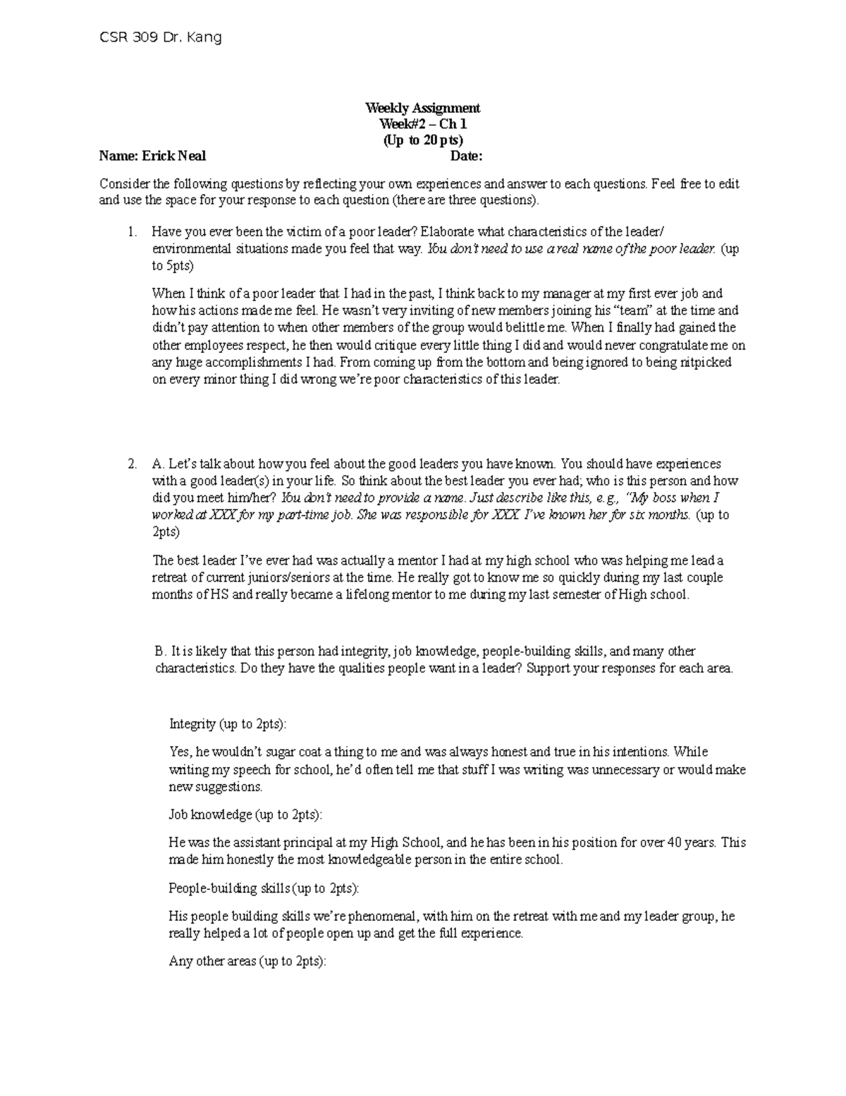 309 assignment 1 - homework - CSR 309 Dr. Kang Weekly Assignment Week#2 ...