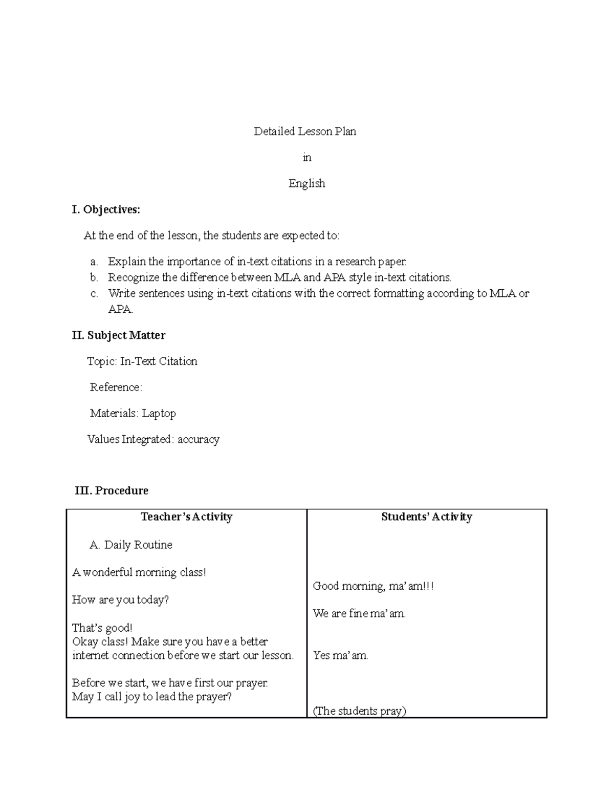 In-text Citation Detailed Lesson Plan - Detailed Lesson Plan in English ...