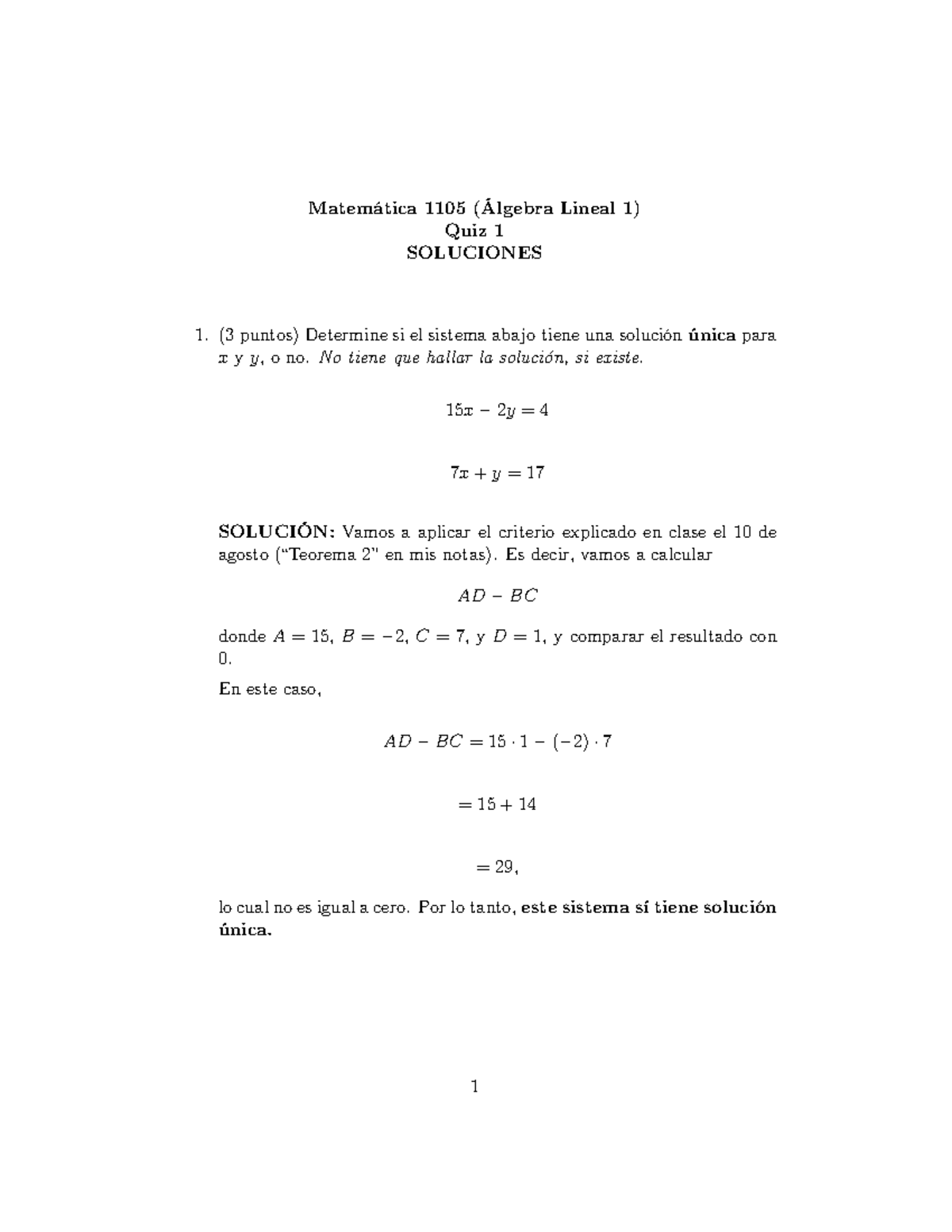 1105 quiz1 sol - quiz - Matemática 1105 (Álgebra Lineal 1) Quiz 1 ...