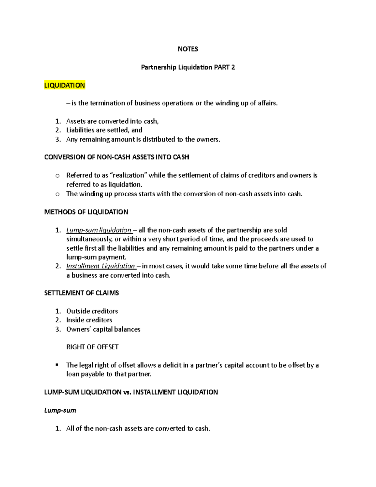 Partnership Liquidation PART 2 Notes - NOTES Partnership Liquidation ...
