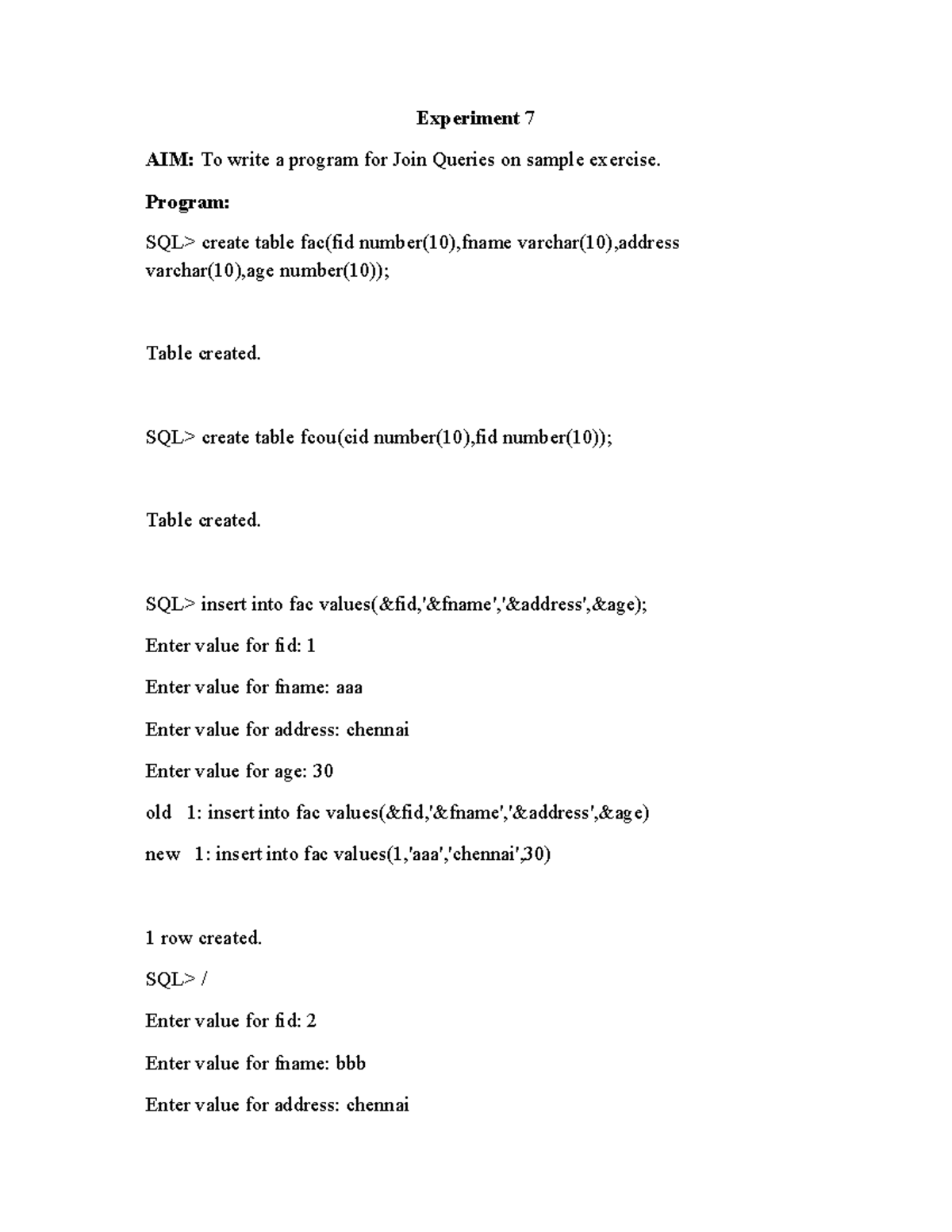 Joinqueries Copy Practical Experiment 7 Aim To Write A Program For Join Queries On Sample