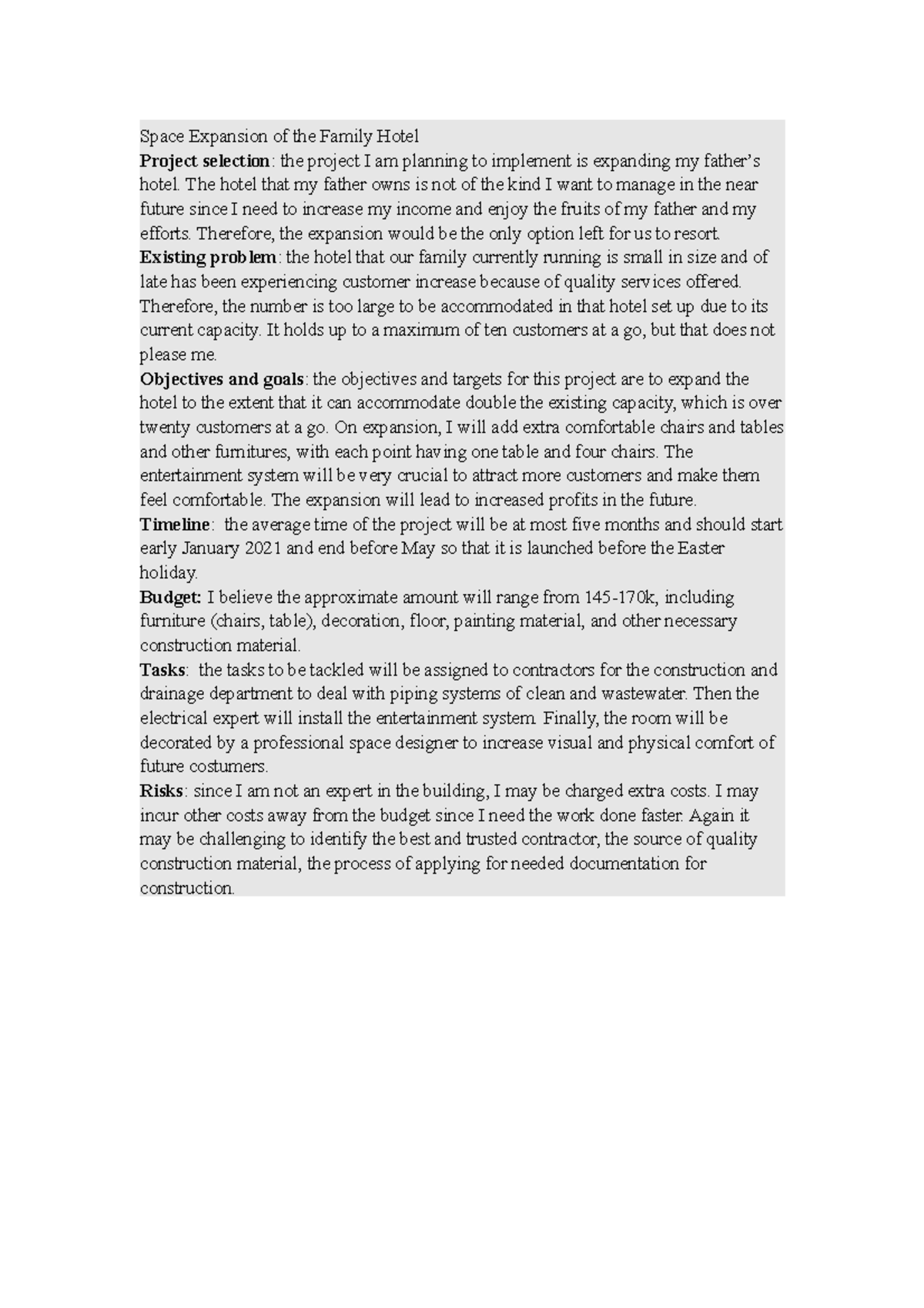 Project Plan - Space Expansion of the Family Hotel Project selection ...