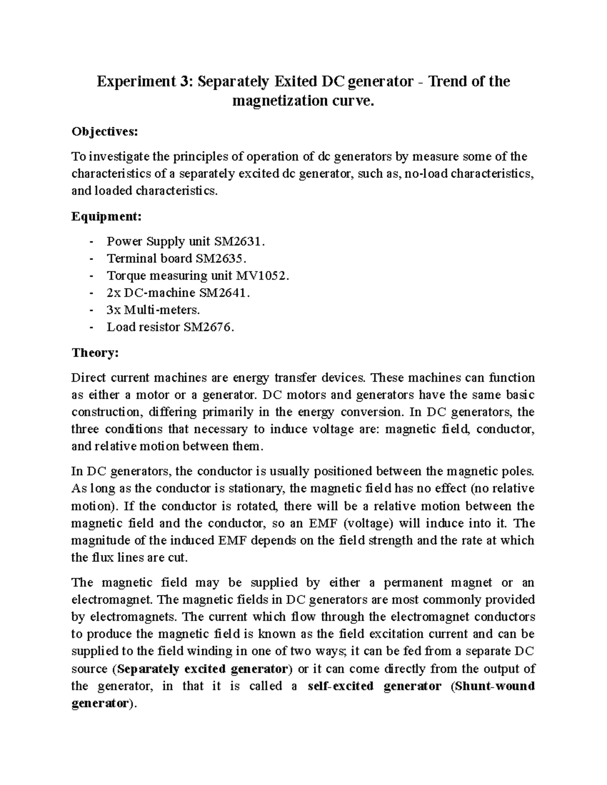 Experiment 3 - Separately Excited DC Generator - Objectives: To ...