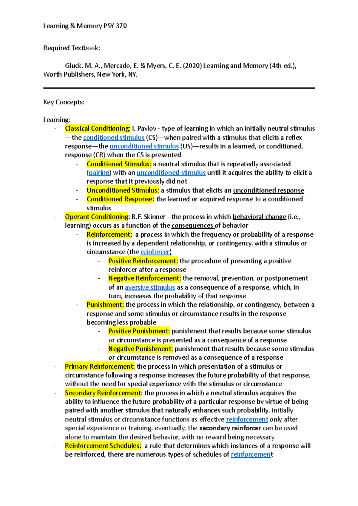Learning Memory Notes 1 - Required Textbook: Gluck, M. A., Mercado, E ...