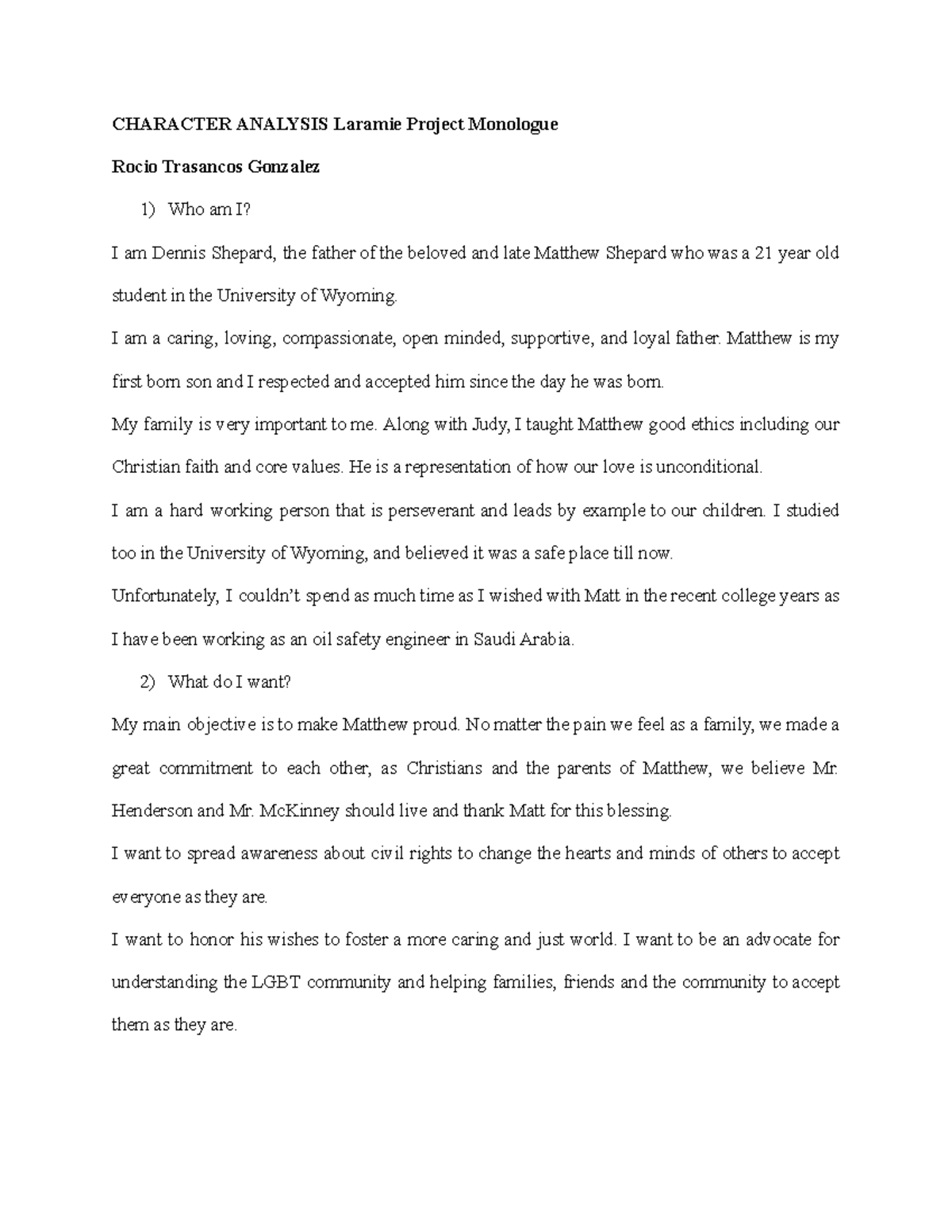 Writen Work Character Analysis Laramie Project - CHARACTER ANALYSIS ...