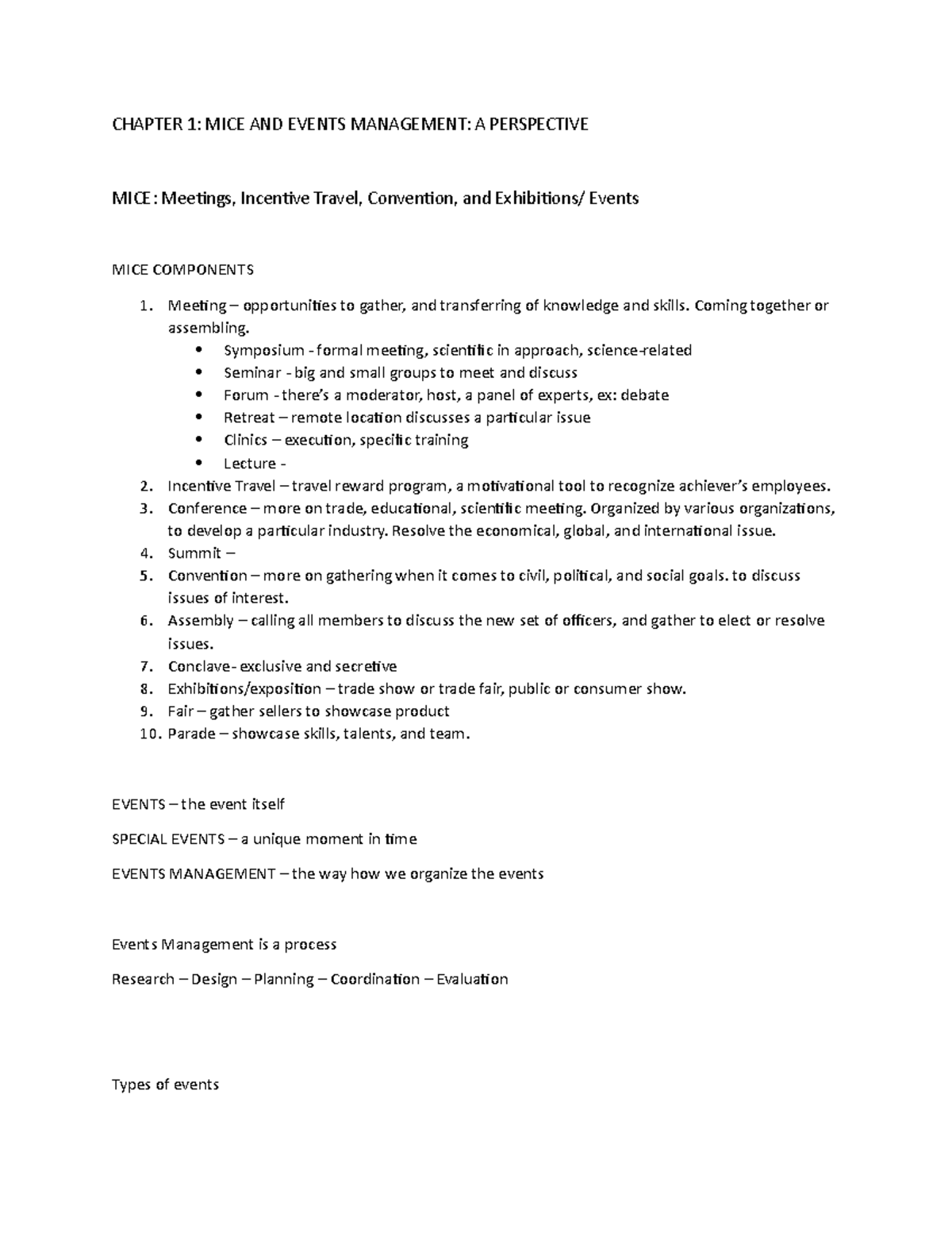Chapter 1 MICE - PRELIM NOTES - CHAPTER 1: MICE AND EVENTS MANAGEMENT ...