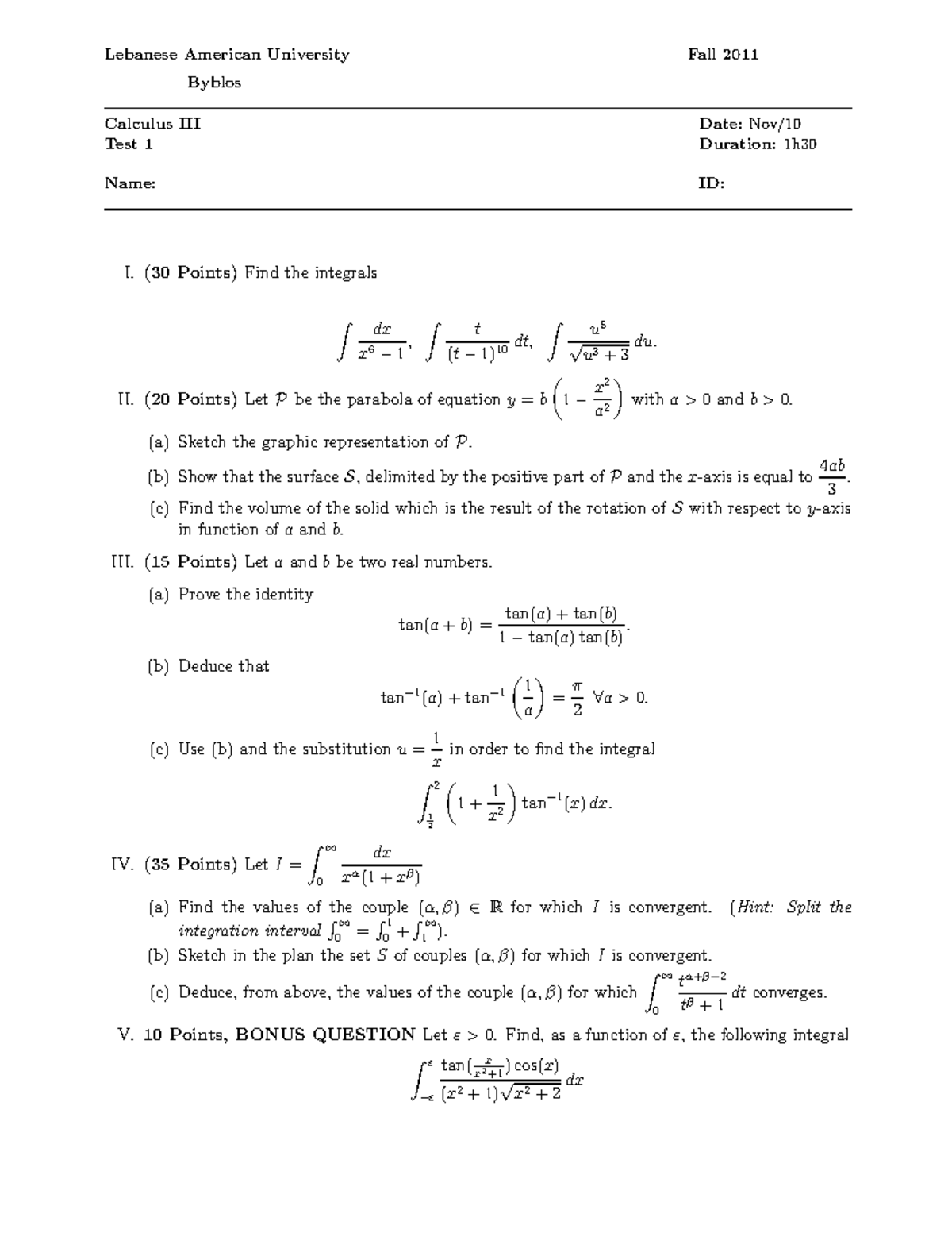 Exam 2011, questions - Lebanese American University Fall 2011 Byblos ...