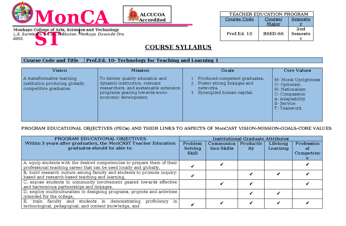 Syllabus-Technology for Teaching and Learning 1 - MonCA ST Monkayo ...