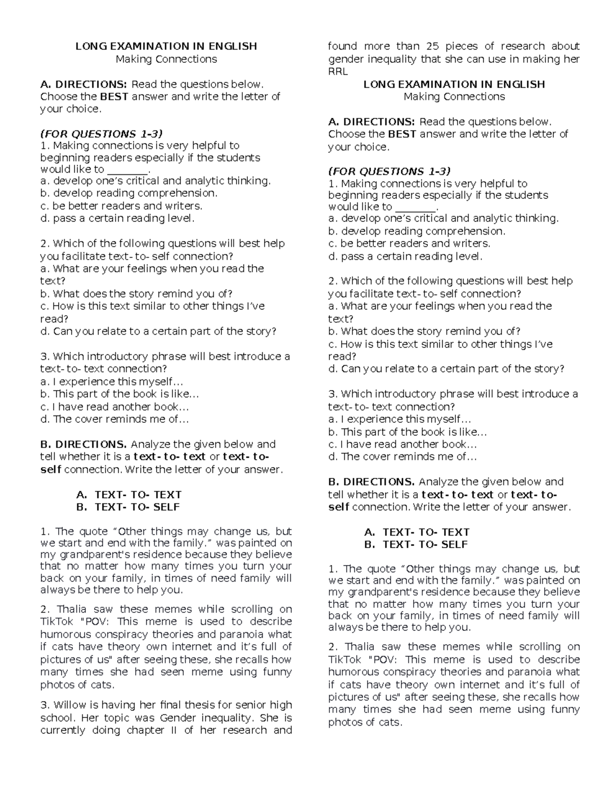 Making Connections- LONG Examination IN English - LONG EXAMINATION IN ...