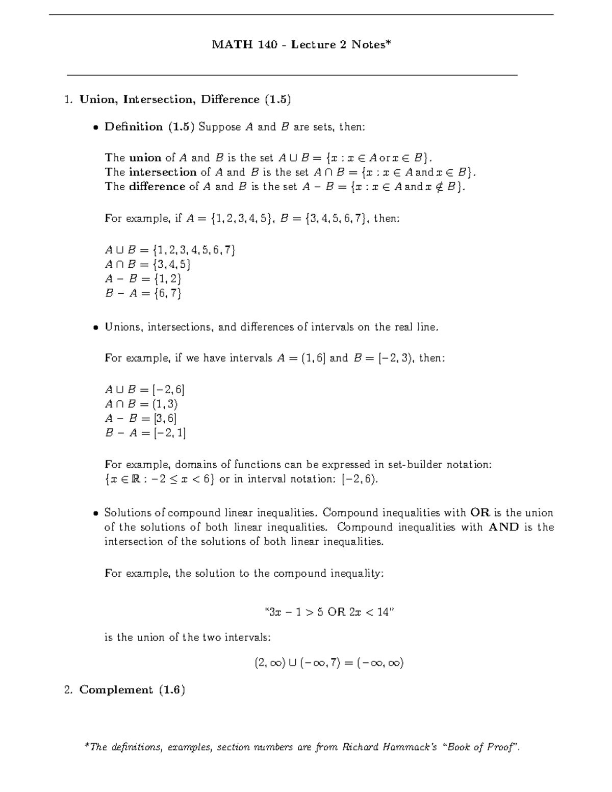 MATH 140 - Notes II - MATH 140 - Lecture 2 Notes* Union, Intersection ...