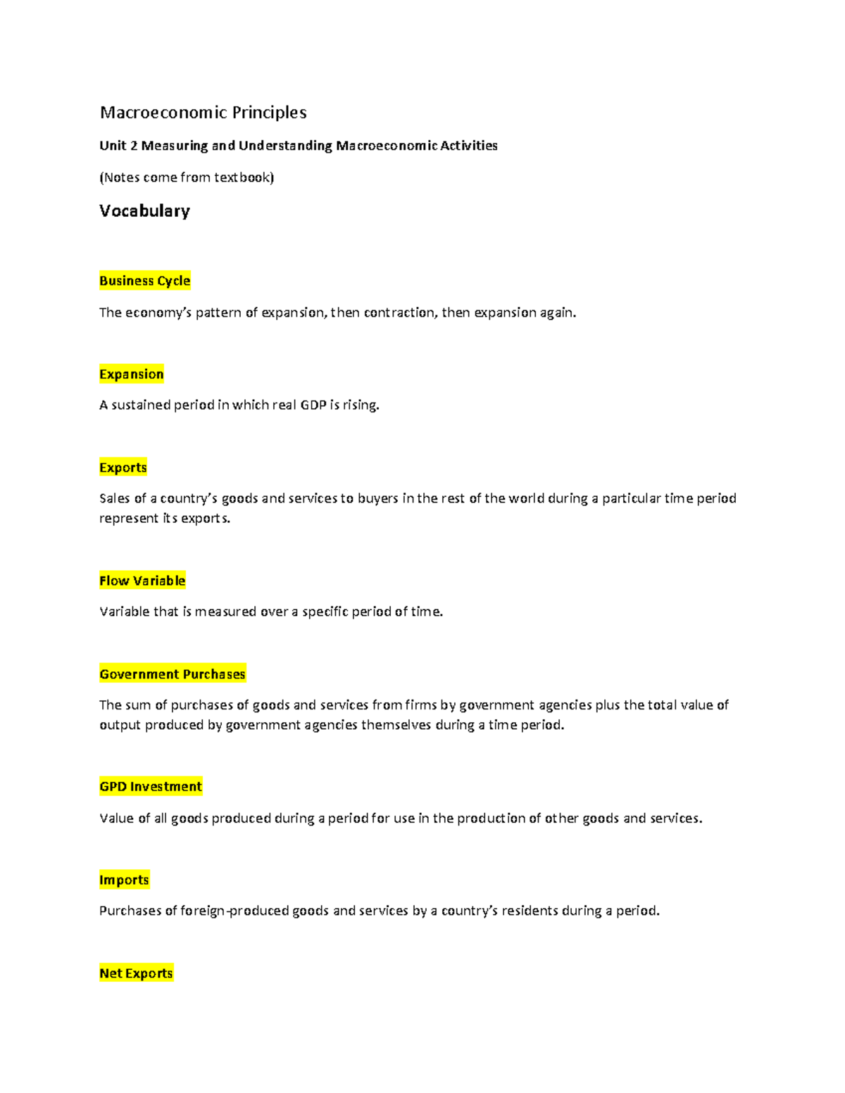 Macro Unit 2 Vocab - Macroeconomic Principles Unit 2 Measuring and ...