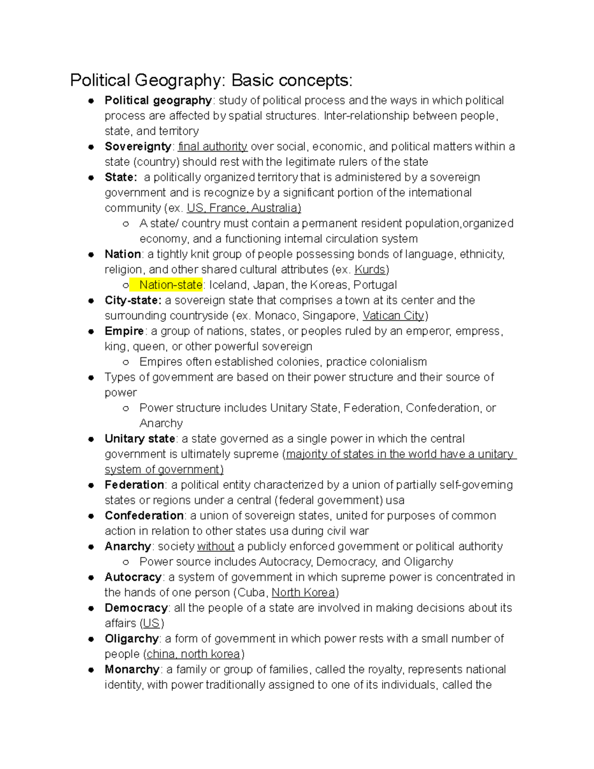 Human geo test 4 - unit 4 test review - Political Geography: Basic ...