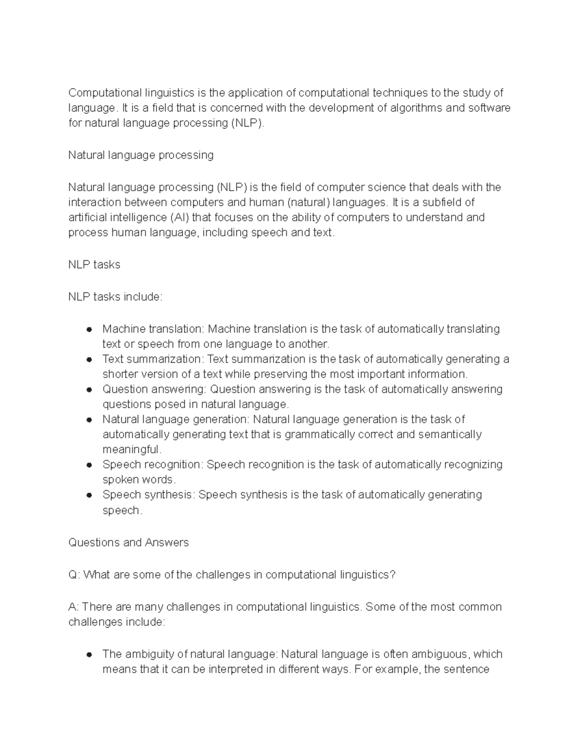 Lecture 12 Computational Linguistics - Computational linguistics is the ...