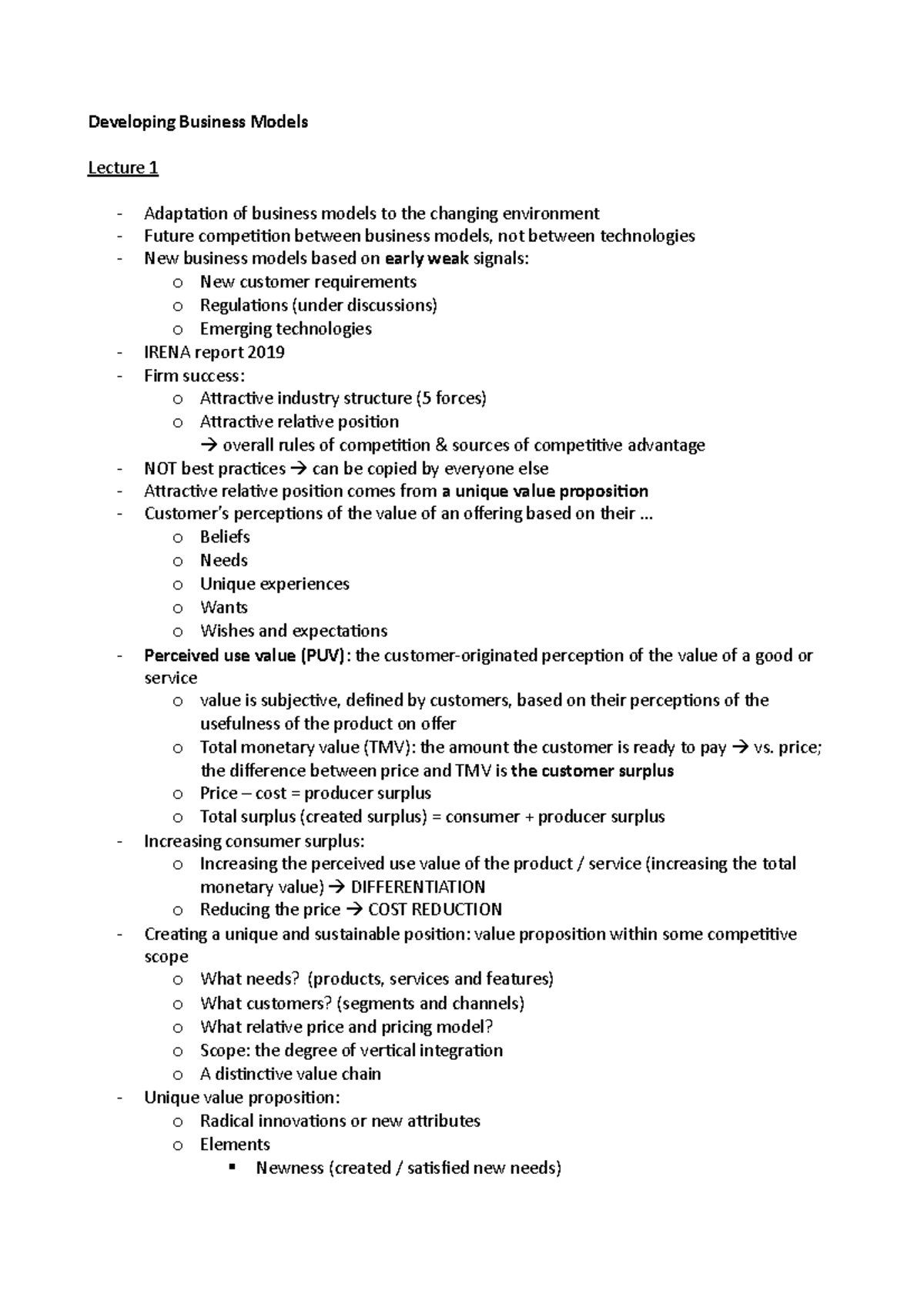 Lecture notes Module I - Developing Business Models Lecture 1 ...