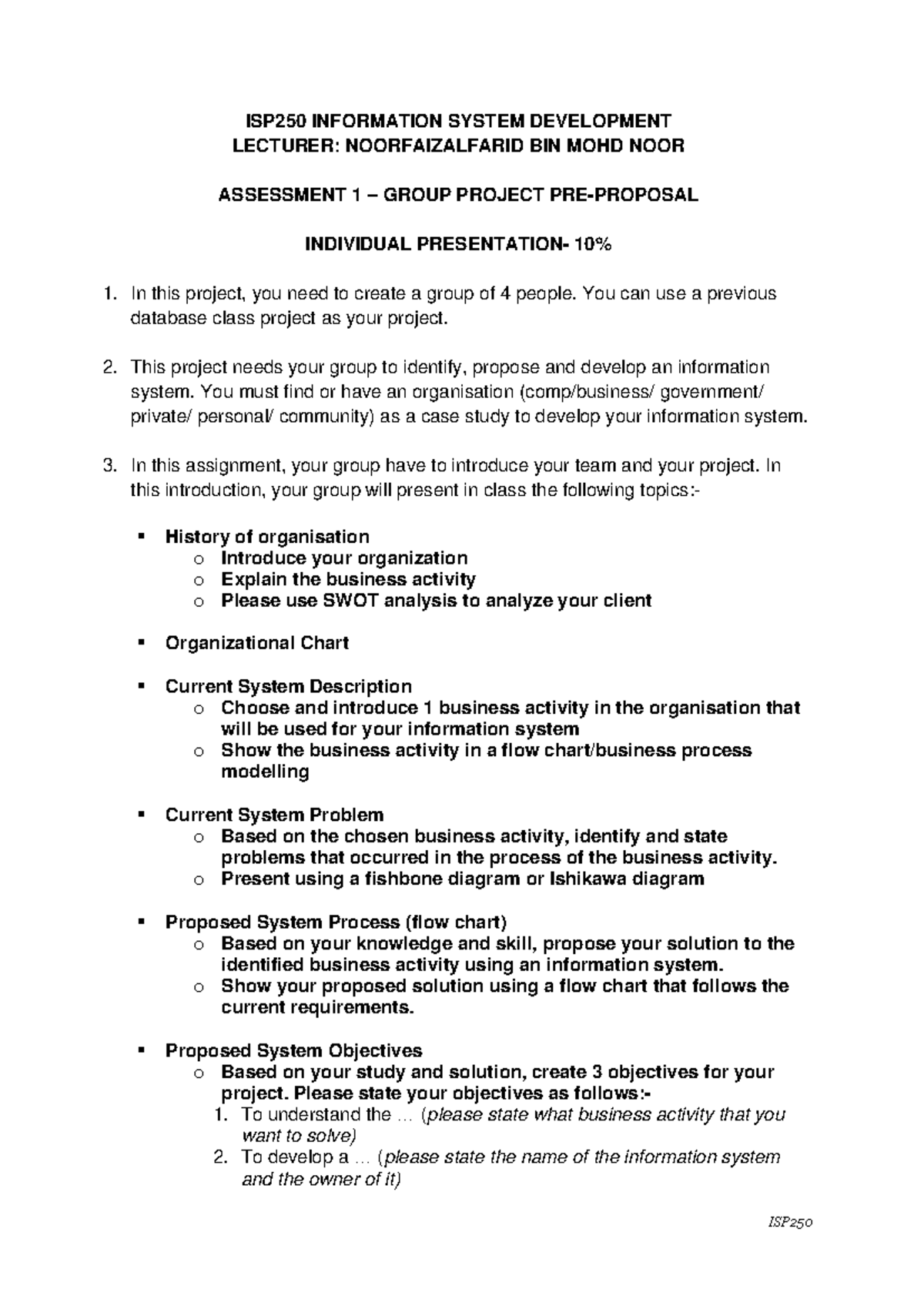 Assessment 1 – Project Pre-Proposal - ISP25 0 ISP250 INFORMATION SYSTEM ...