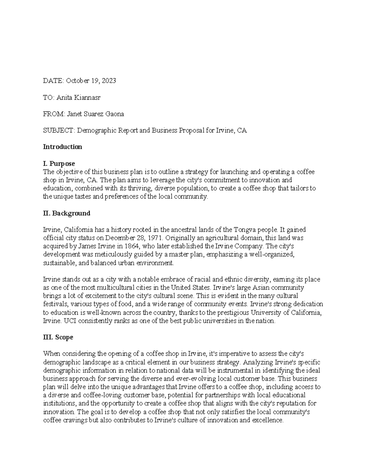 Final Individual Project - DATE: October 1 9 , 2023 TO: Anita Kiannasr FROM: Janet Suarez Gaona ...