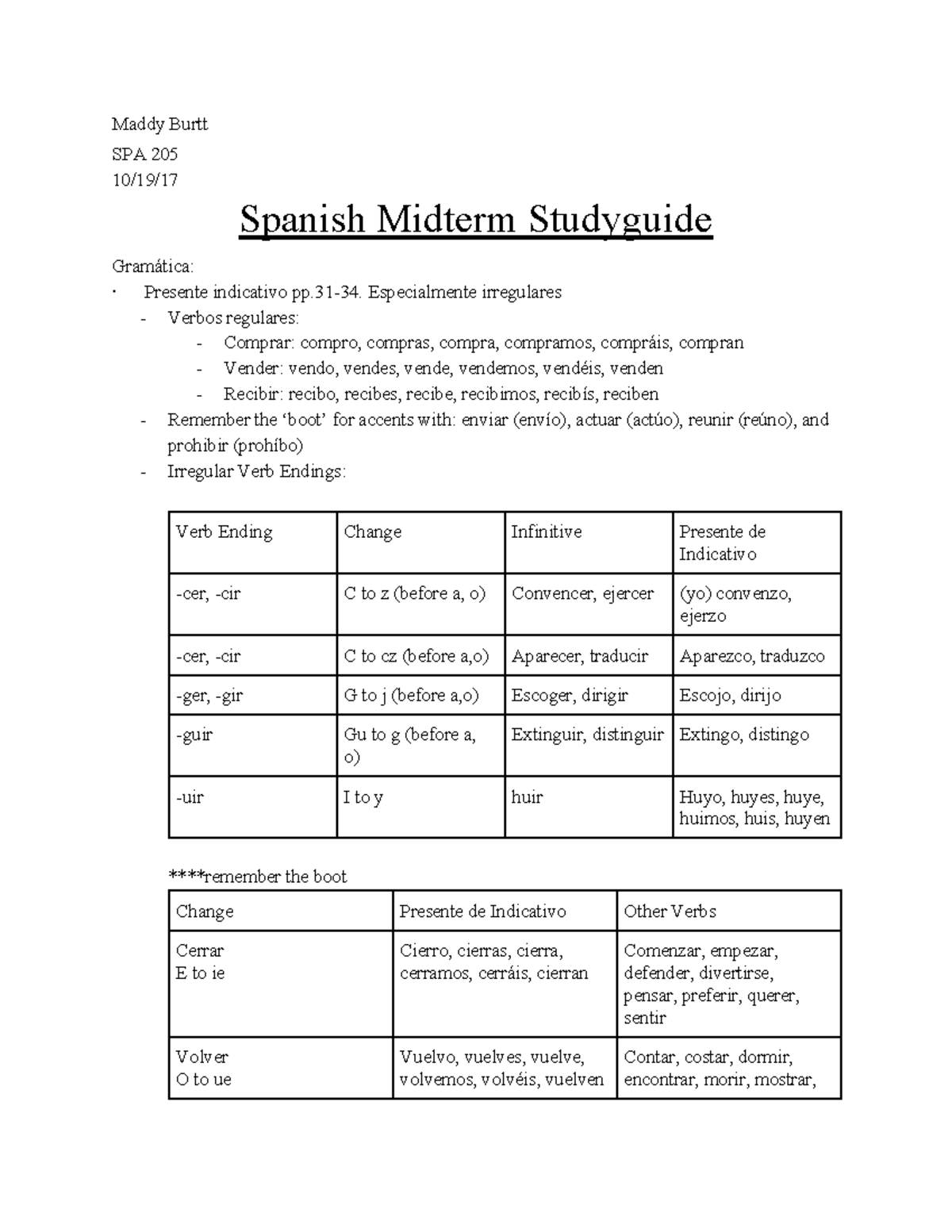 Spanish Midterm Studyguide - Maddy Burtt SPA 205 10/19/17 Spanish ...