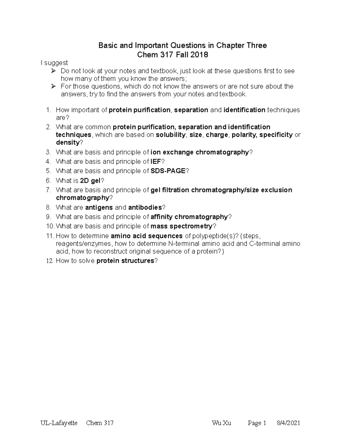 Study Guide Chapter 3 Chem 317 Fall 2018 - Basic and Important ...