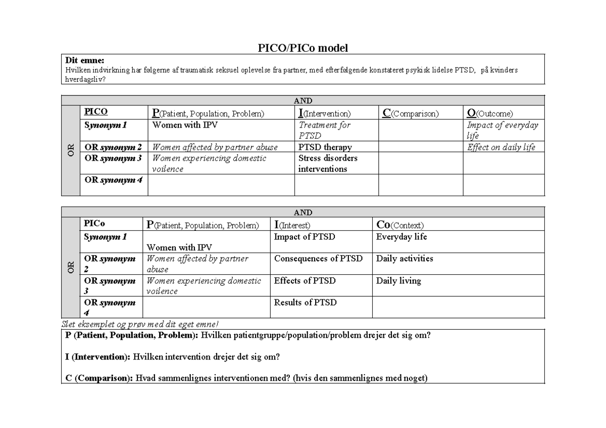 PICO skema - eksempel til bachelor - PICO/PICo model Dit emne: Hvilken indvirkning har følgerne ...