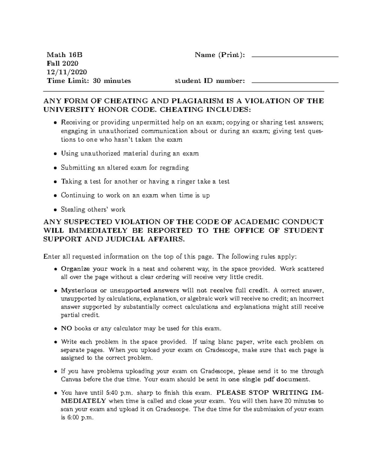 Practice MT4 - Math 16B Name (Print): Fall 2020 12/11/ Time Limit: 30 ...