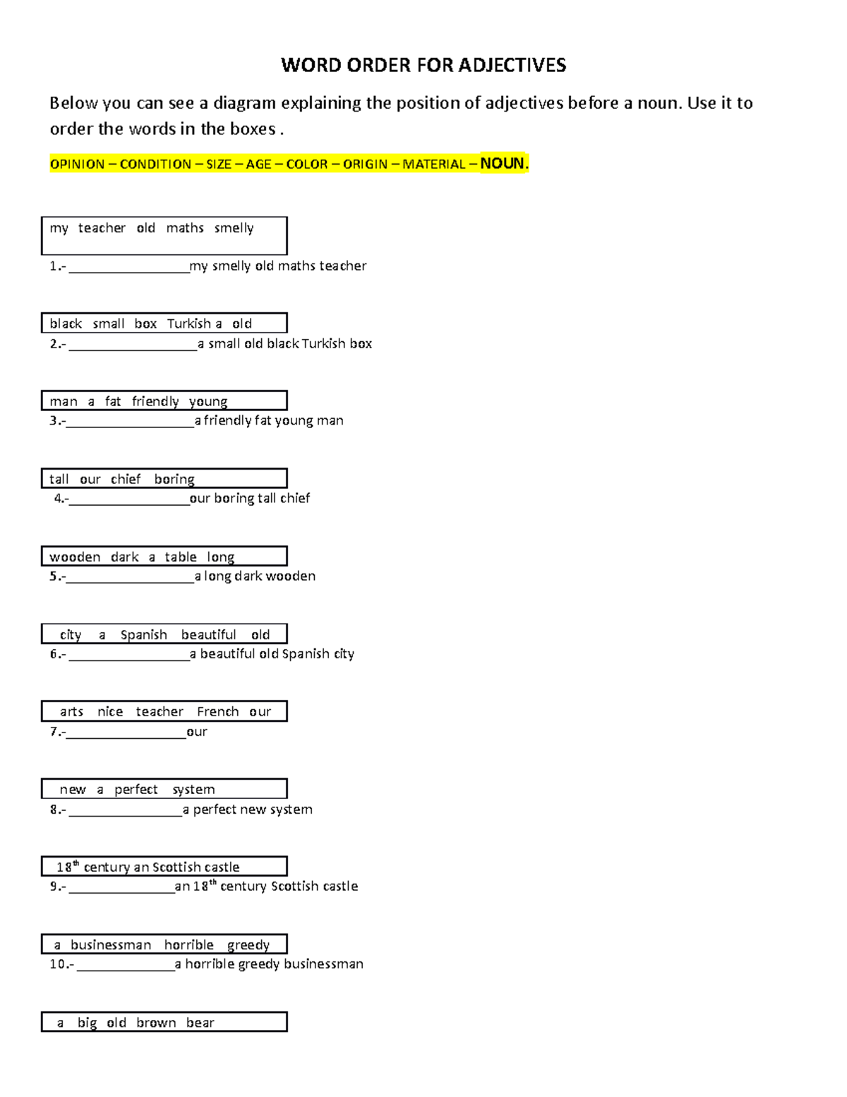 WORD Order FOR Adjectives - WORD ORDER FOR ADJECTIVES Below you can see ...