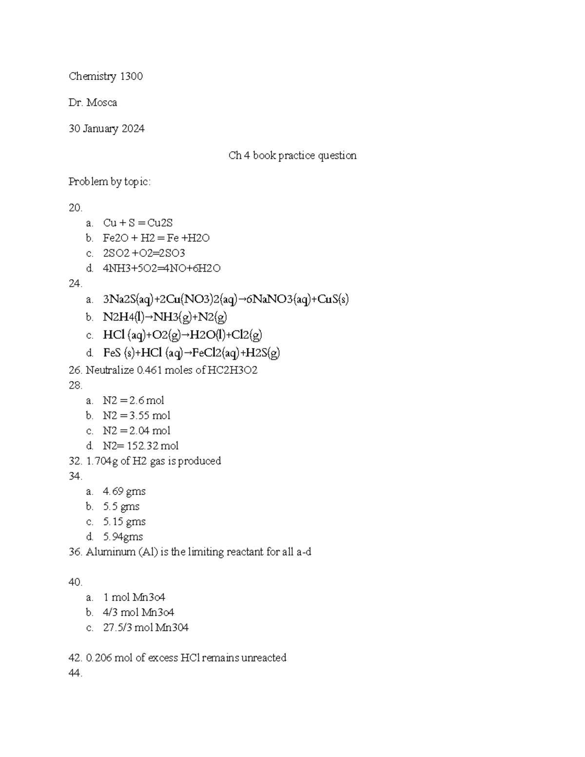 Chp4 - chp text book questions - Chemistry 1300 Dr. Mosca 30 January 2024 Ch 4 book practice ...