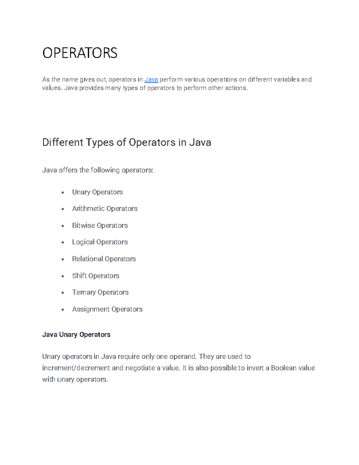 Operators - OPERATORS As the name gives out, operators in Java perform various operations on ...