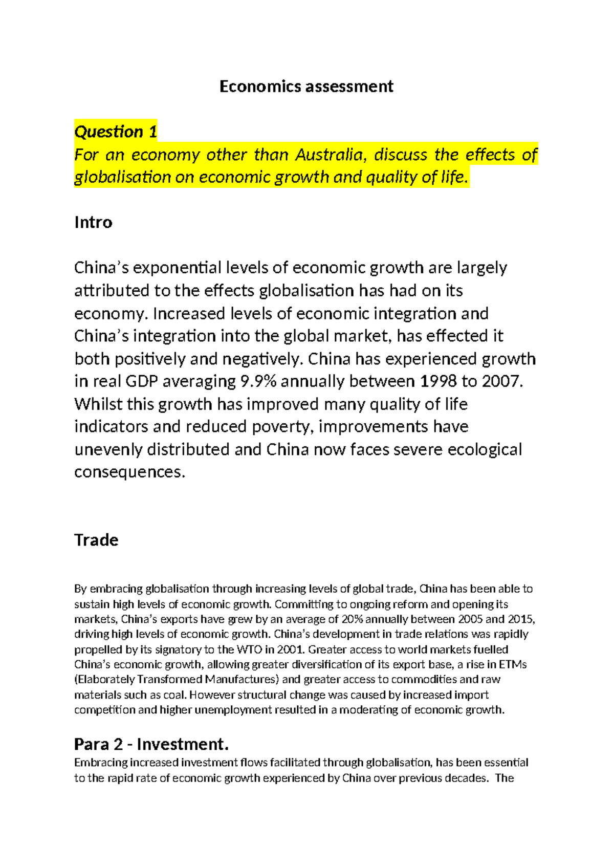 Latest Version Economics - Economics assessment Question 1 For an ...