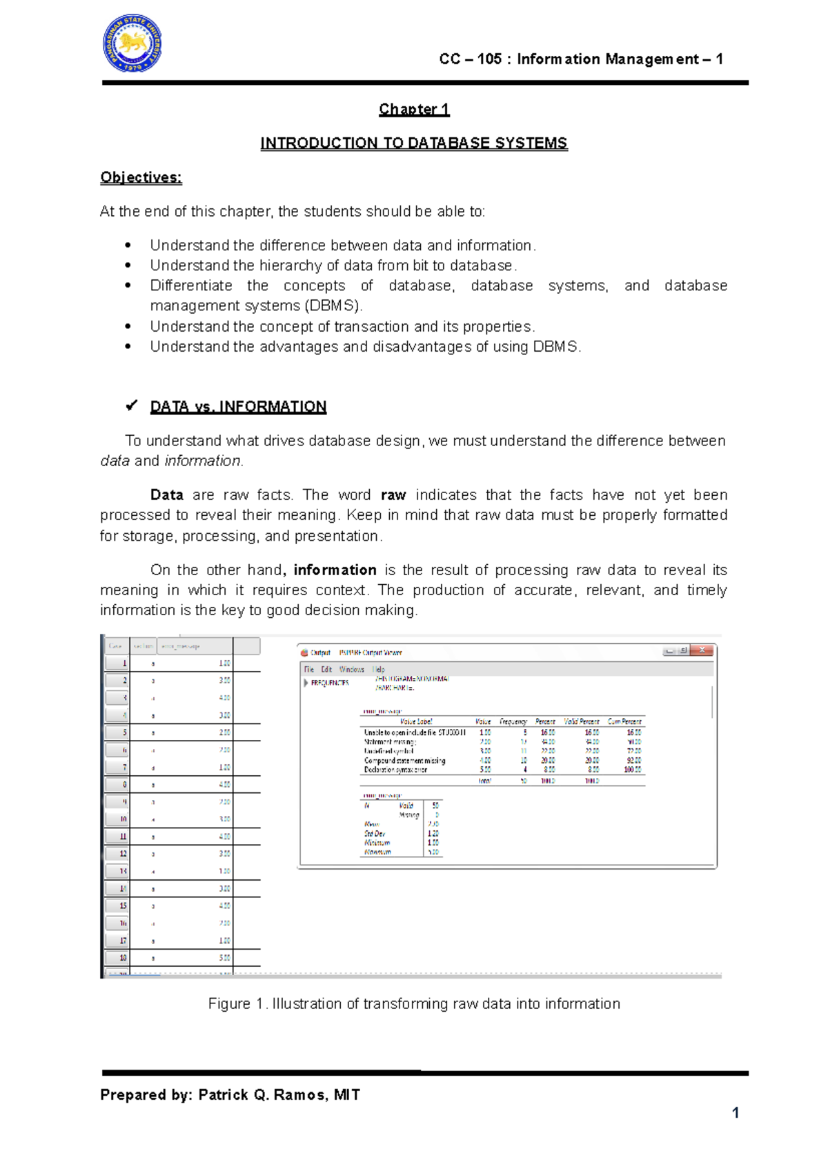 CC-105 (Chapter 1 - Introduction to Database) - Chapter 1 INTRODUCTION ...