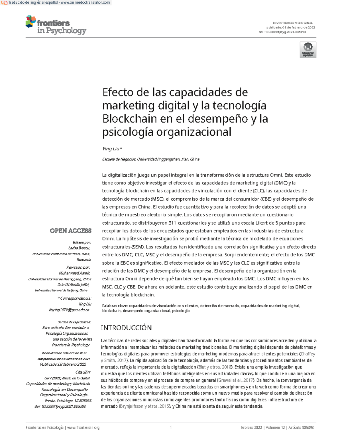 Fpsyg-12-805393.en.es (1) - INVESTIGACION ORIGINAL publicado: 08 de febrero de 2022 doi: - Studocu