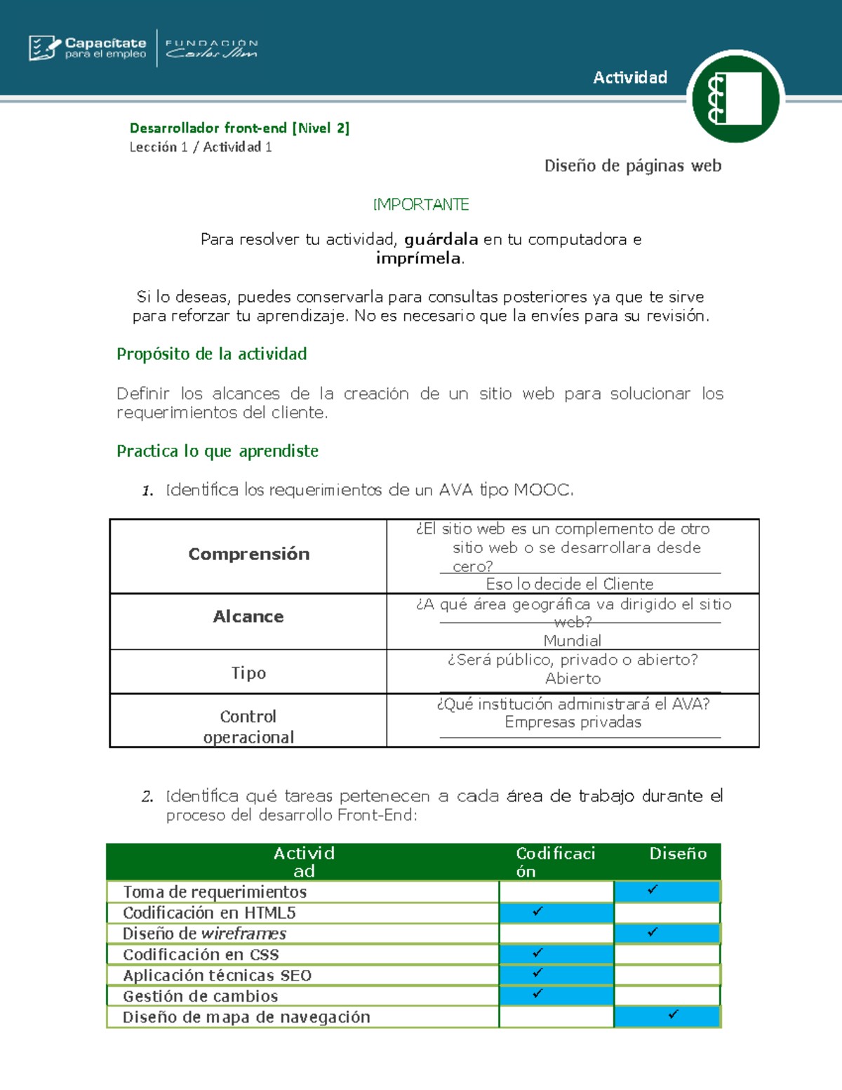 Diseño de páginas web - Resuelto - Actividad Desarrollador front-end [Nivel 2] Lección 1 ...