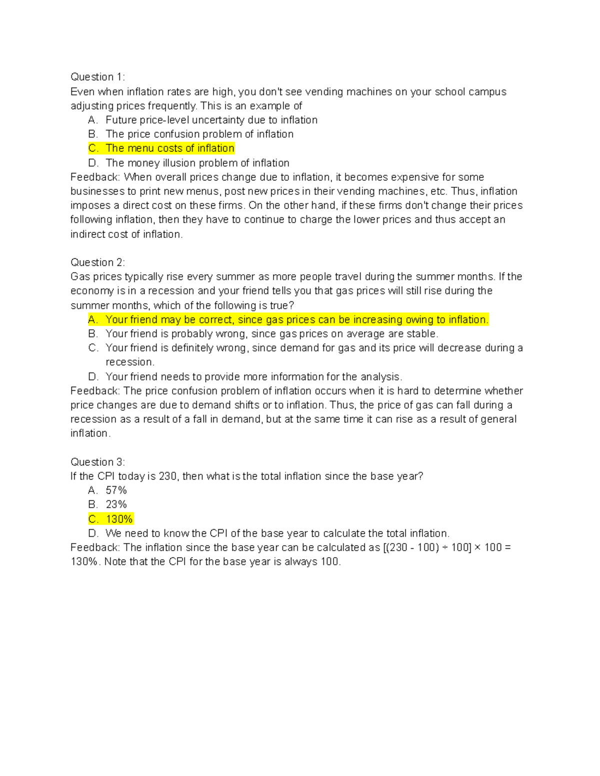 Inflation and Price Adjustments: Quiz Questions and Feedback - Studocu