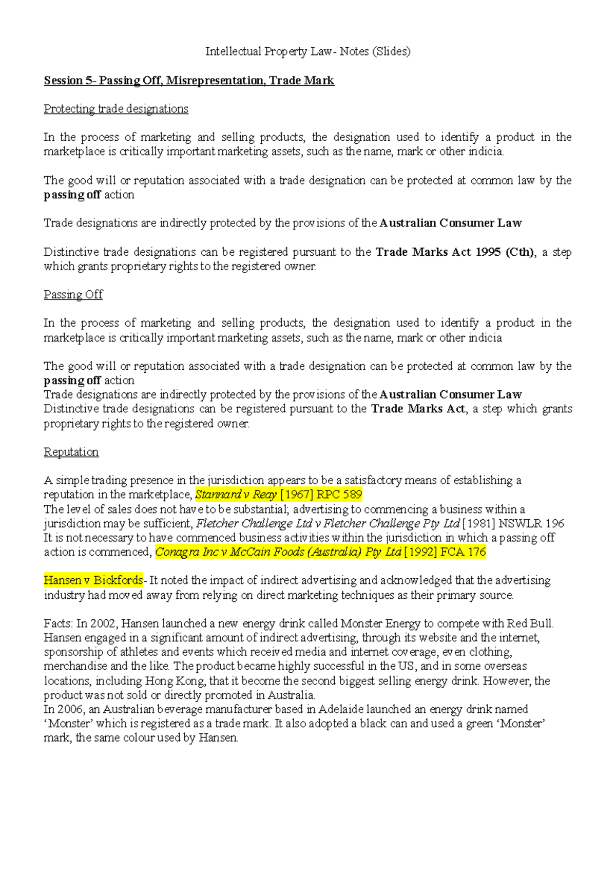 Intellectual Property Law- Notes - The good will or reputation ...