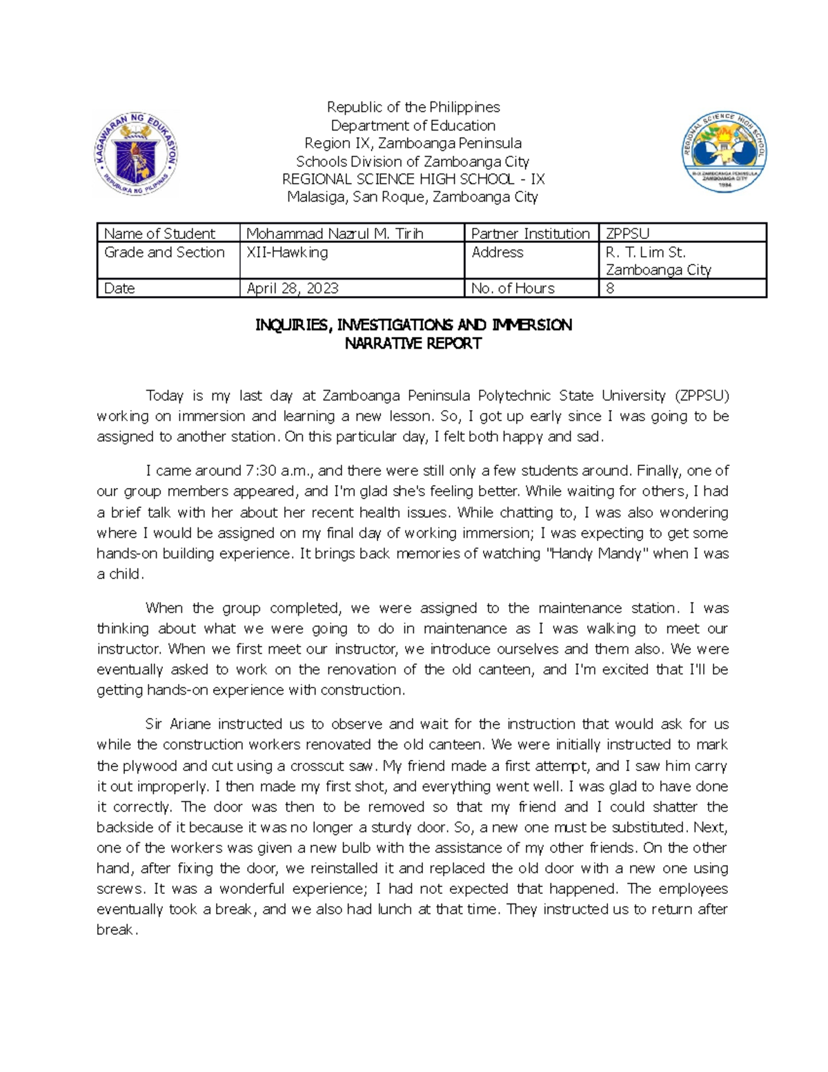 Day 5 Immersion - a lab report about hospitality - Republic of the ...