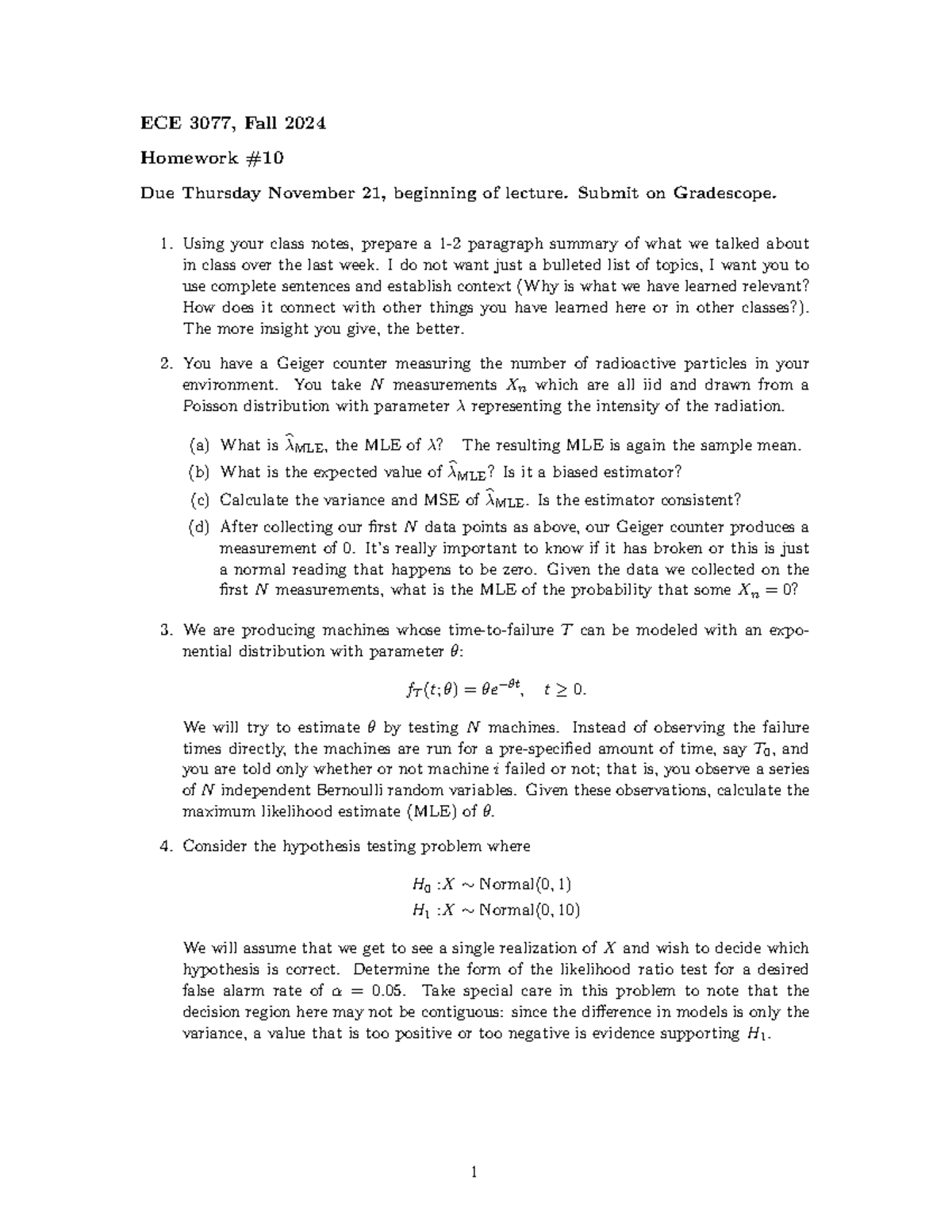 Hw10-3077-fa24 - homeworks - ECE 3077, Fall 2024 Homework Due Thursday November 21, beginning of ...