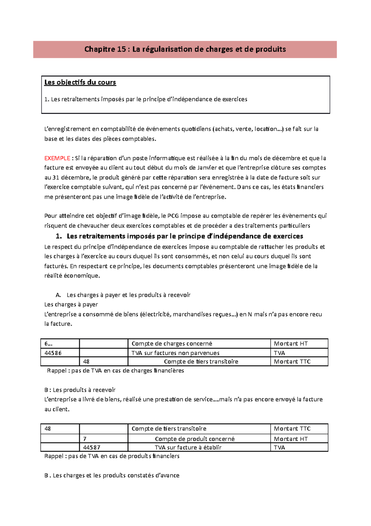 GF Chapitre 15 La régularisation des charges et des produits - Les objectifs du cours Les - Studocu