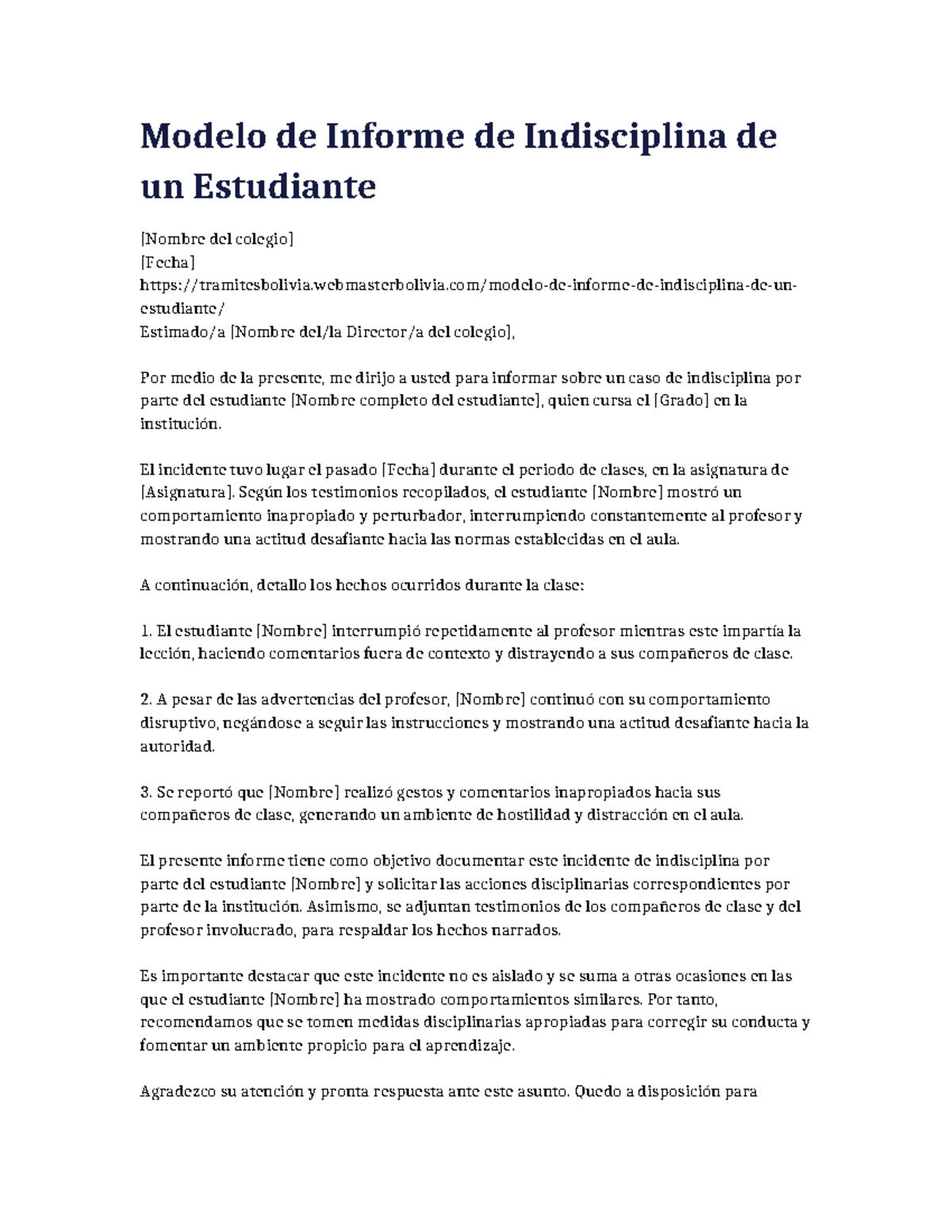 Modelo de Informe de Indisciplina de un Estudiante - Modelo de Informe ...