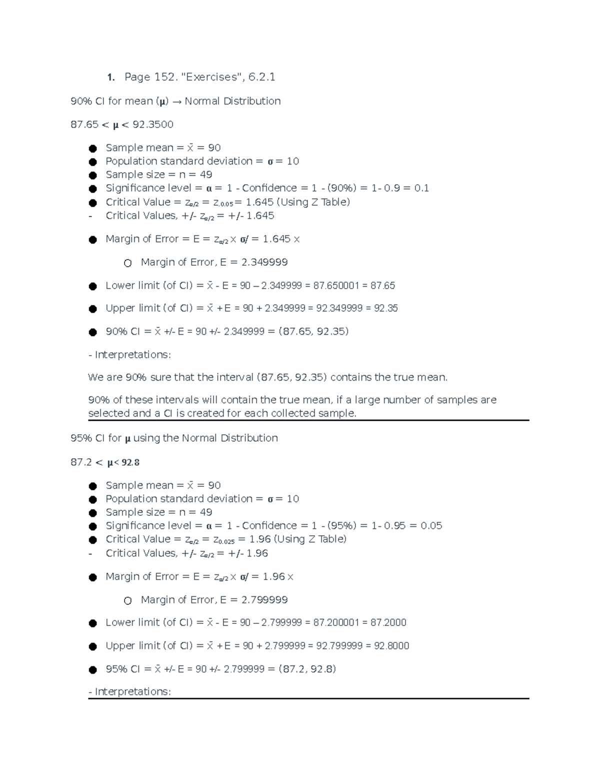 Biostats assignment IX - 1. Page 152. "Exercises", 6. 90% CI for mean ...