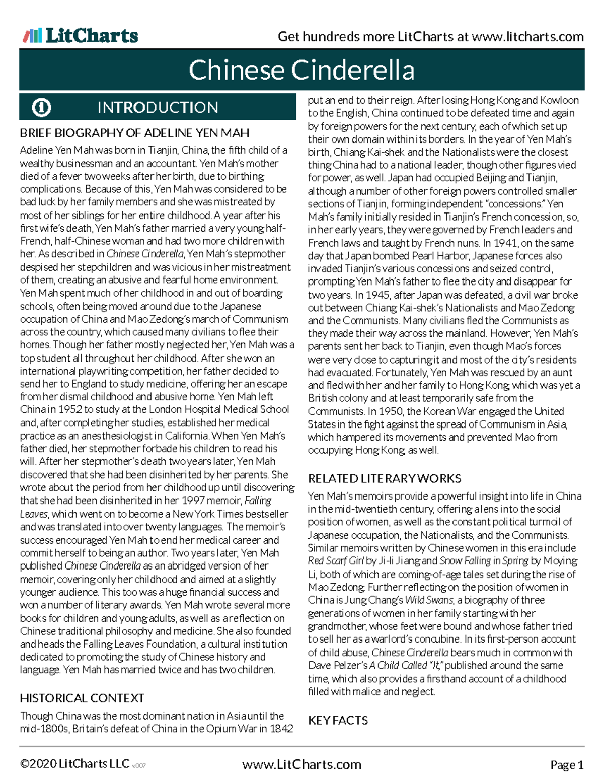 Chinese-Cinderella-Lit Chart - Chinese Cinderella BRIEF BIOGRAPHY OF ...