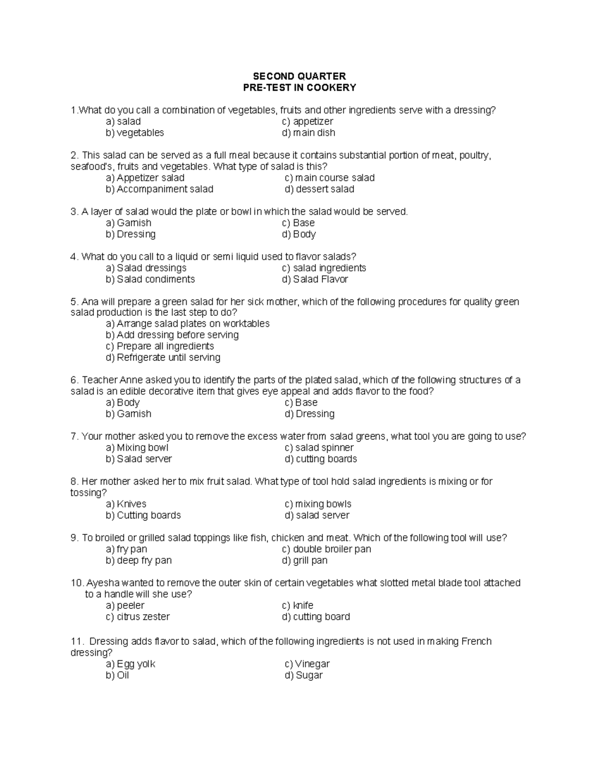 Pre-test-for-research - SECOND QUARTER PRE-TEST IN COOKERY 1 do you ...