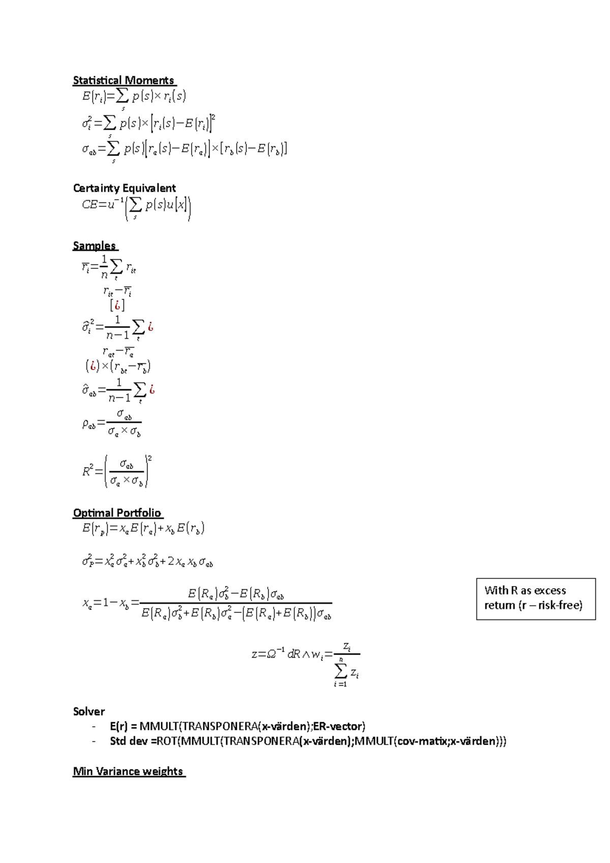 Equations Portfolio Selection. all equations for the course 2019/2020 ...
