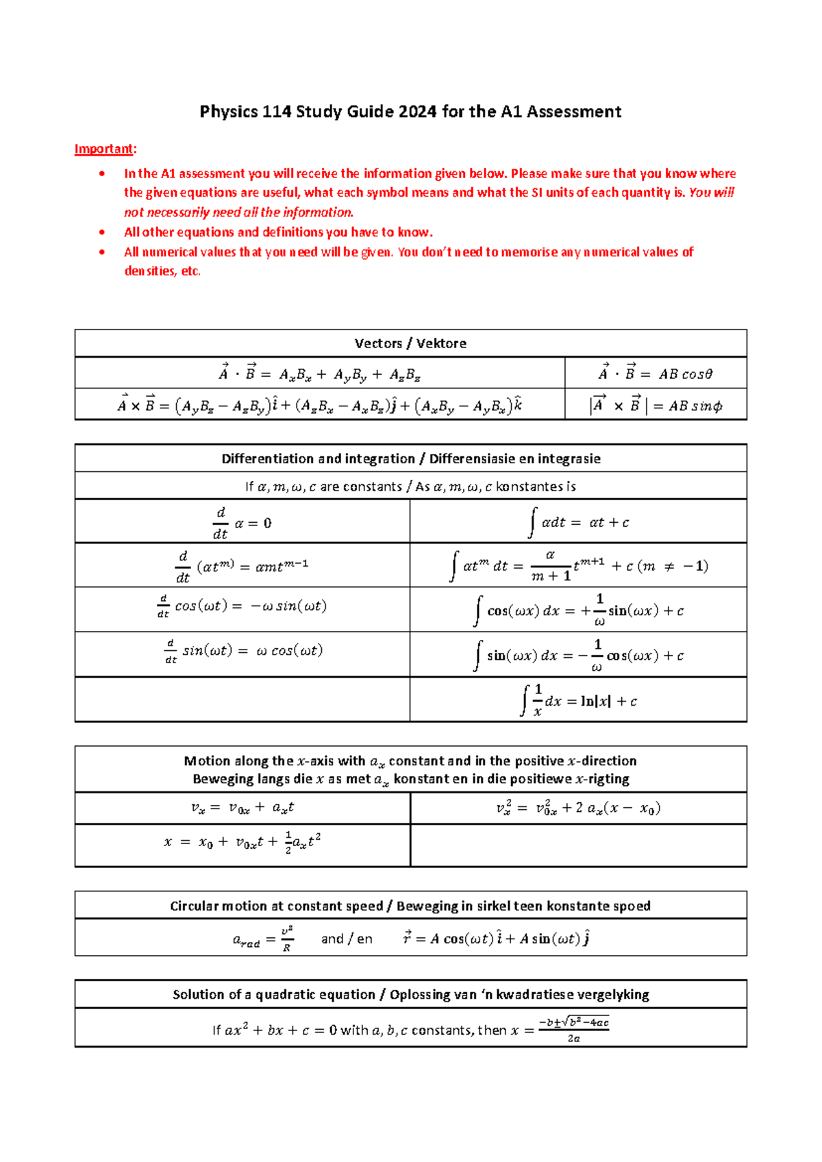 Physics 114 2024 Study Guide for A1 - Physics 114 Study Guide 2024 for ...