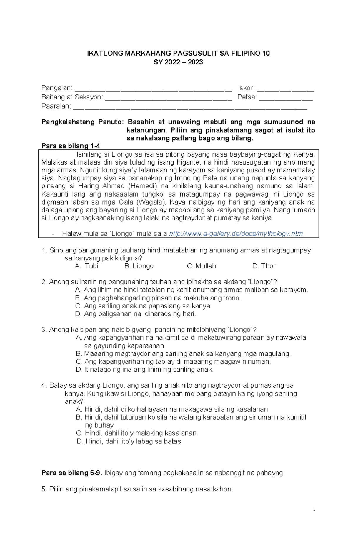 Ikatlong-Markahan- Filipino-10 - IKATLONG MARKAHANG PAGSUSULIT SA ...
