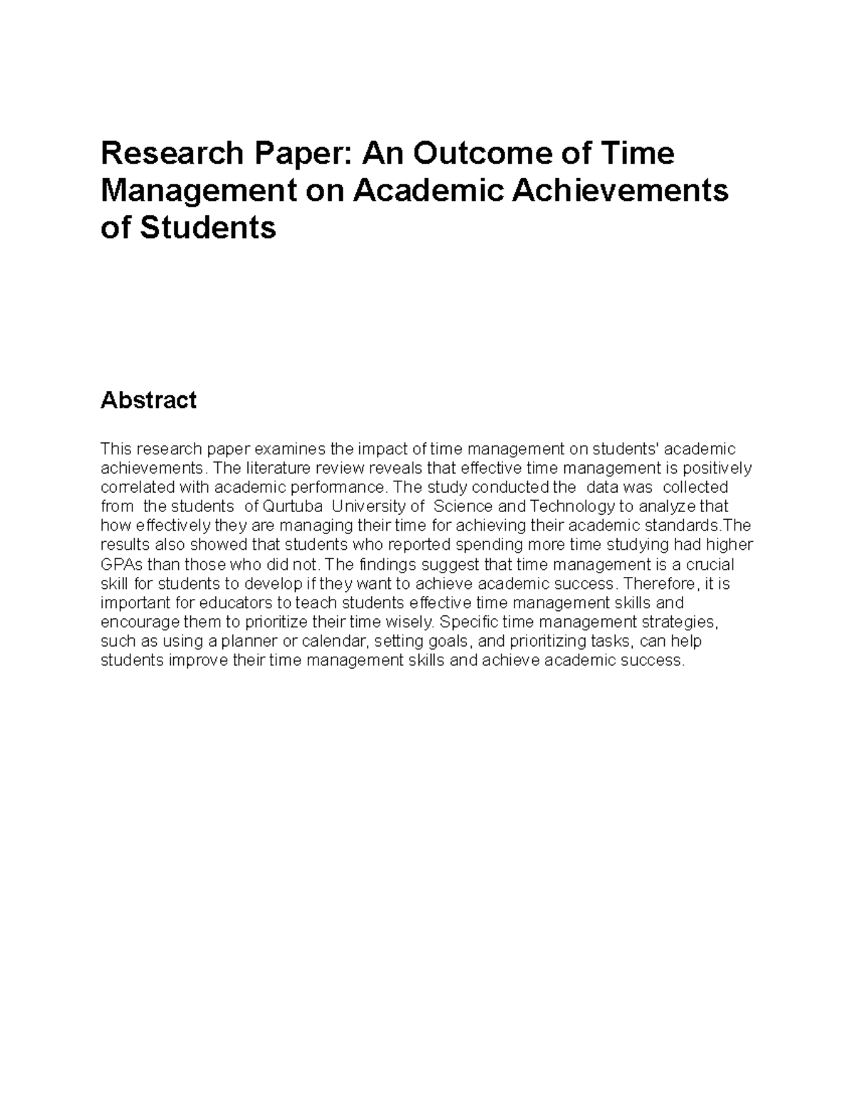 Research Paper The Impact of Time Management on Students' Academic ...