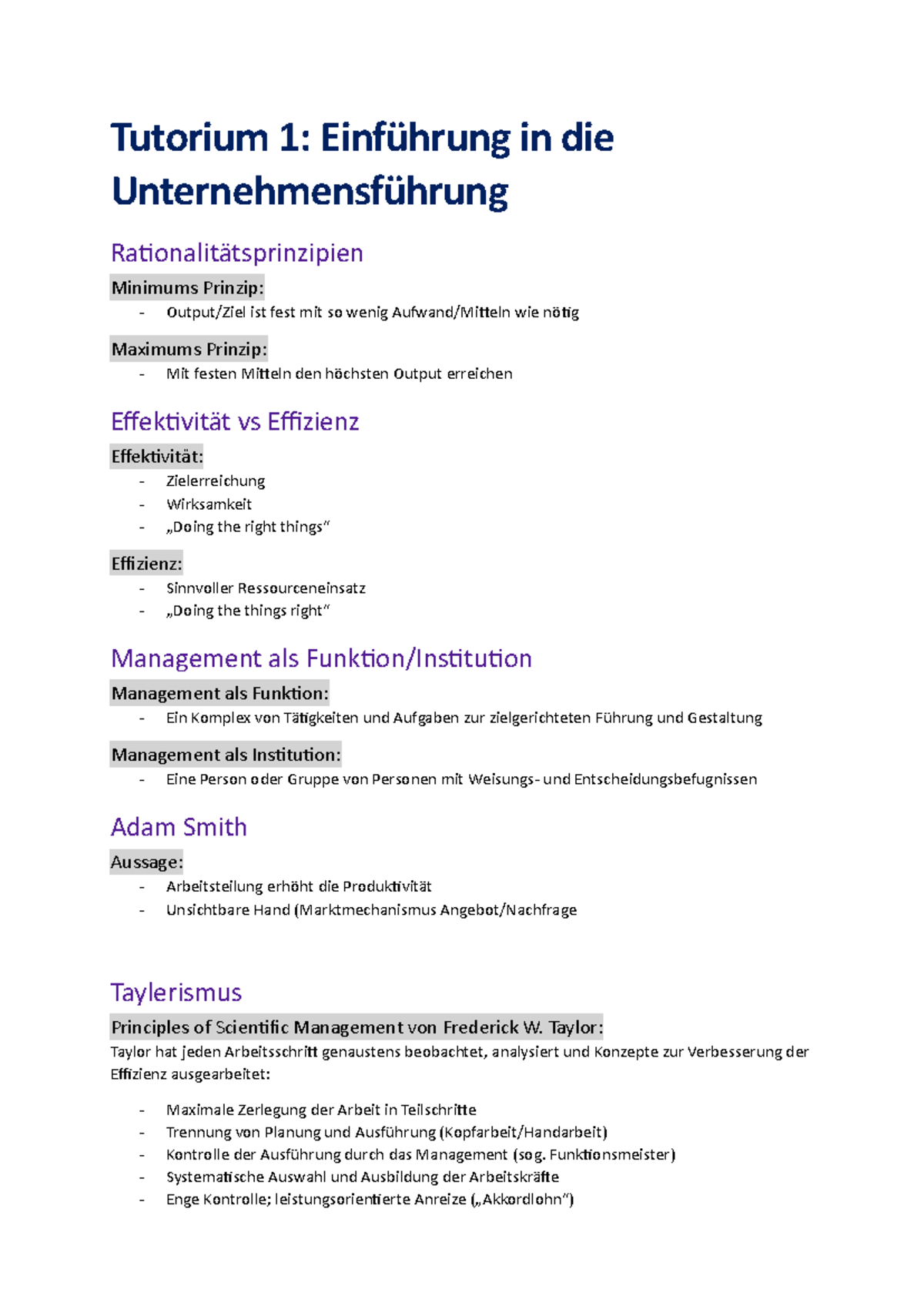 BWL 1 Tutorium (WS 23 24) - Tutorium 1: Einführung in die Unternehmensführung Ra# ...