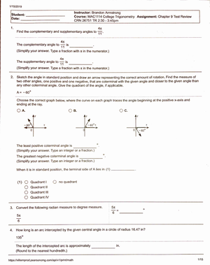 Trig Final Exam Version A - 1. 2. 3. 4. Convert the following radian ...